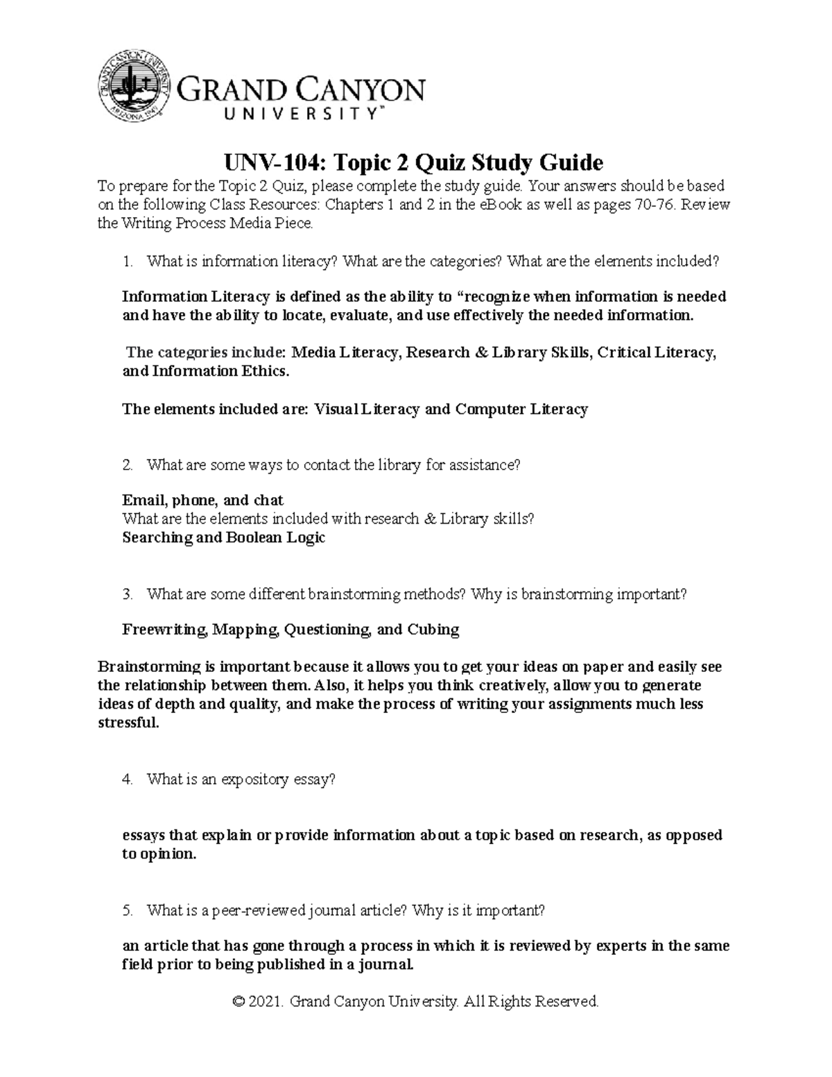 UNV-104 Topic 2 Quiz Study Guide: Key Concepts and Strategies - Studocu