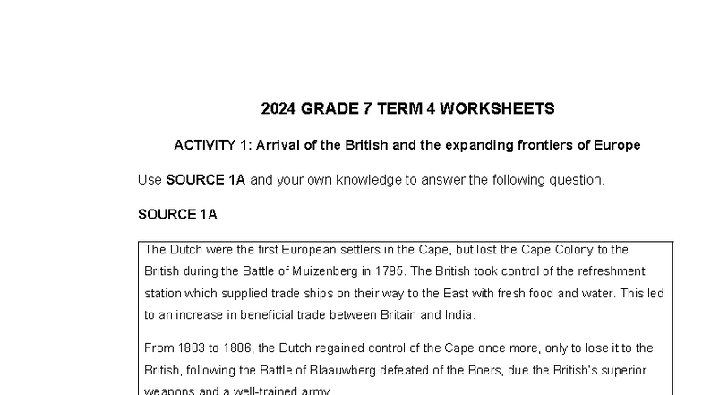 TERM 4 GRADE 7 2024 HISTORY WORKSHEETS: British Arrival & Frontier ...