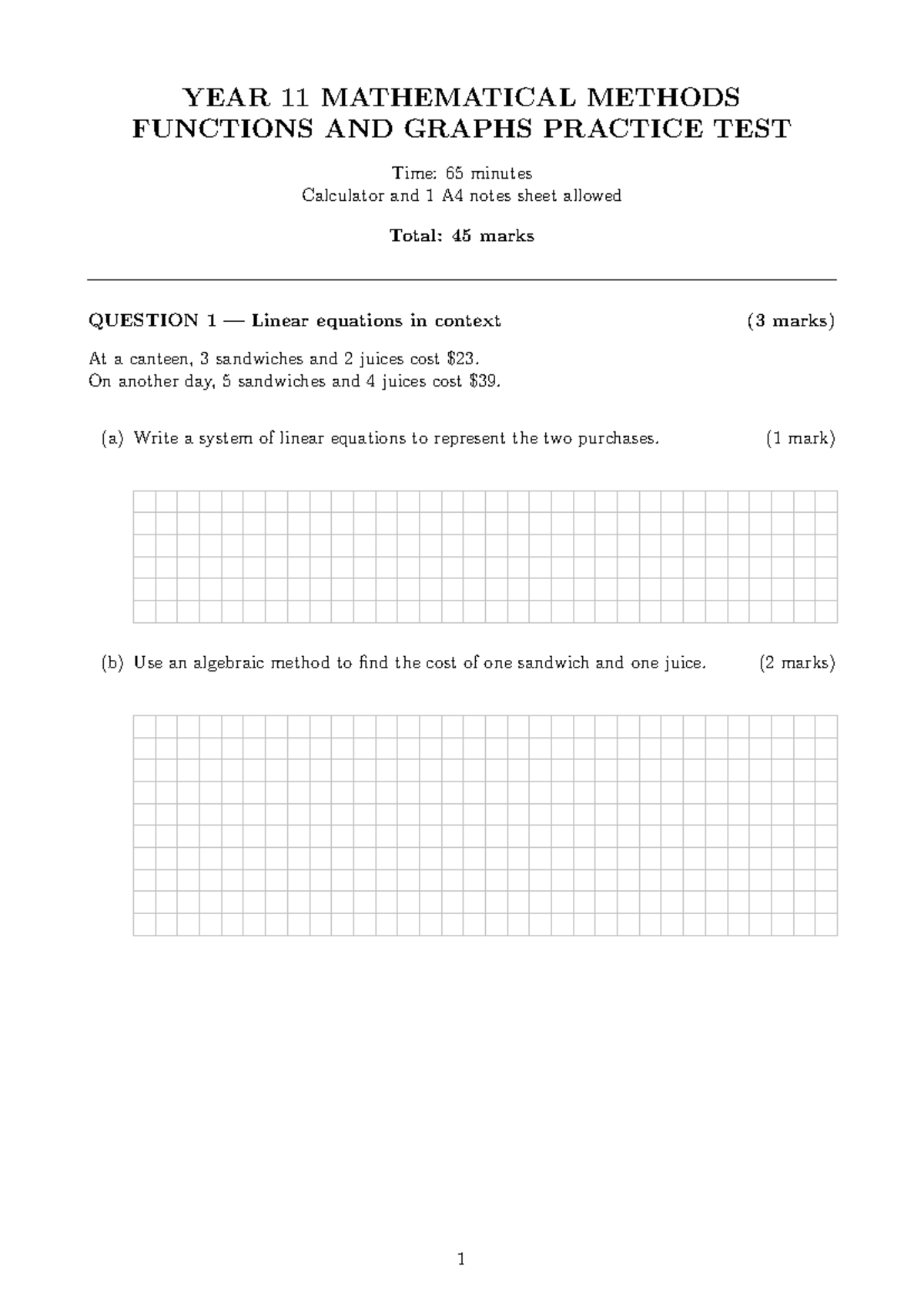 Year 11 Mathematical Methods Functions and Graphs Practice Test - Studocu