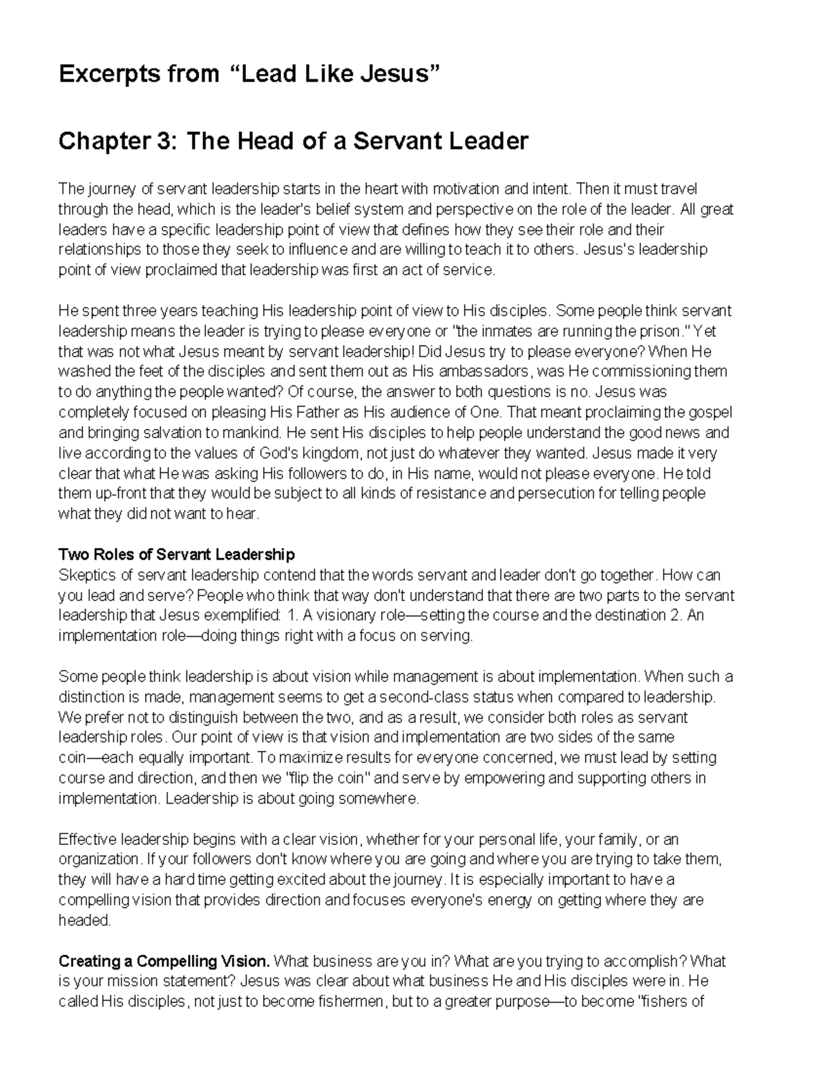 Lead Like Jesus: Insights from Chapter 3 on Servant Leadership - Studocu