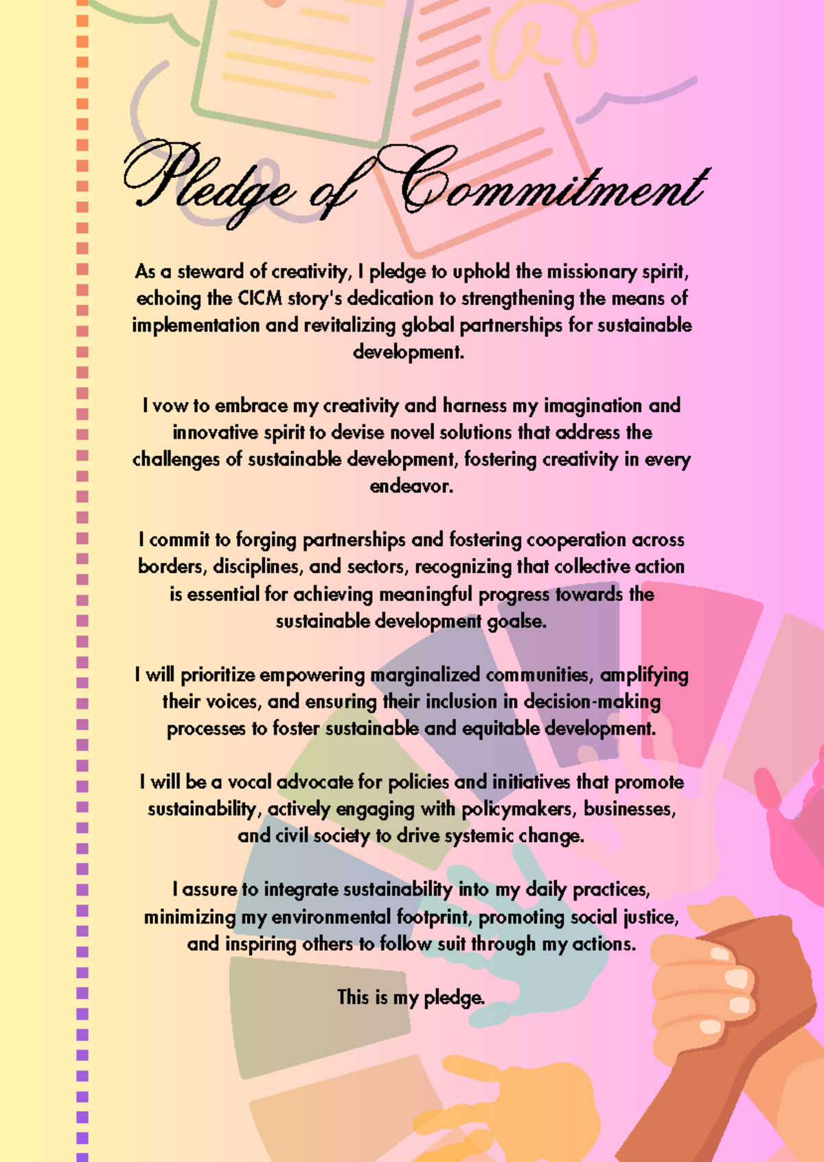 CFE 104 Daily Missionary Response Activity Commitment Pledge Example ...