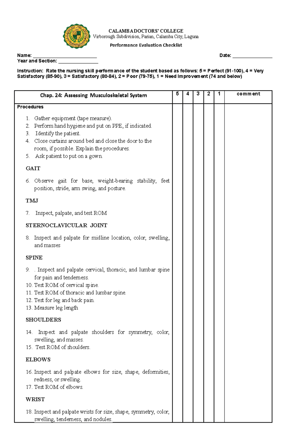 CHN 201: Performance Evaluation for Assessing Musculoskeletal System ...