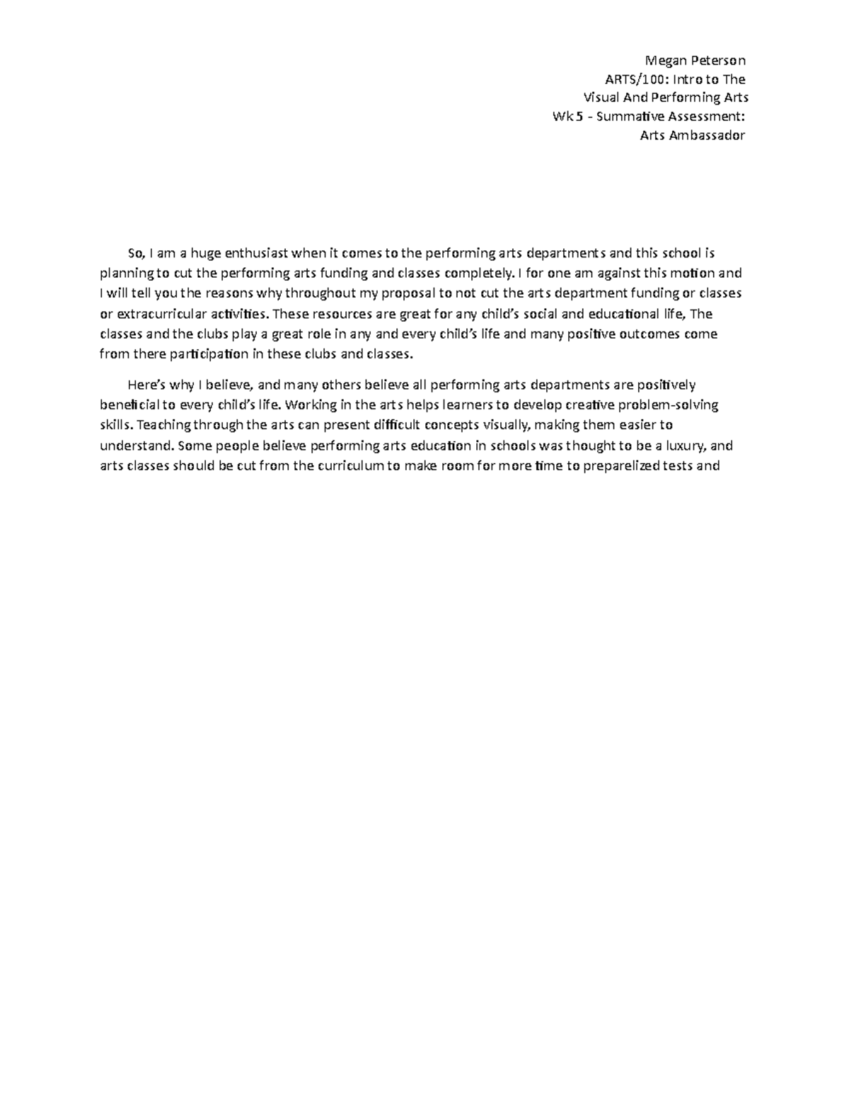 Meganpeterson visualarts assessment - ARTS/100: Intro to The Visual And ...