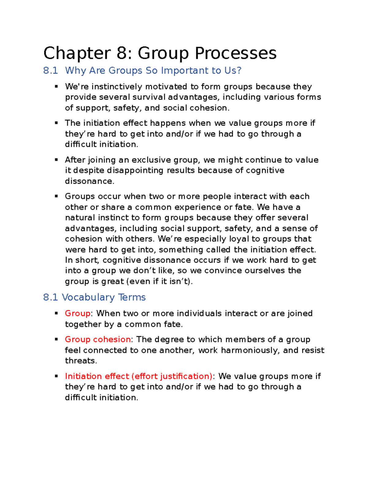 Social Psychology (PSY 305) Chapter 8: Understanding Group Processes ...