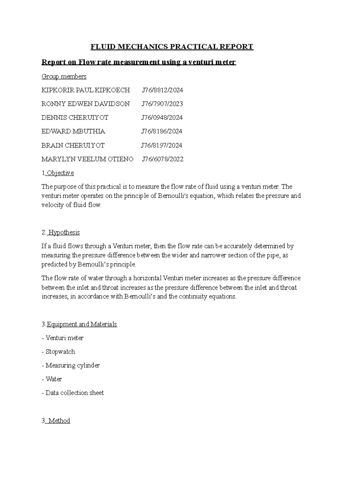 FLUID MECHANICS LAB REPORT: Flow Rate Measurement Using Venturi Meter ...