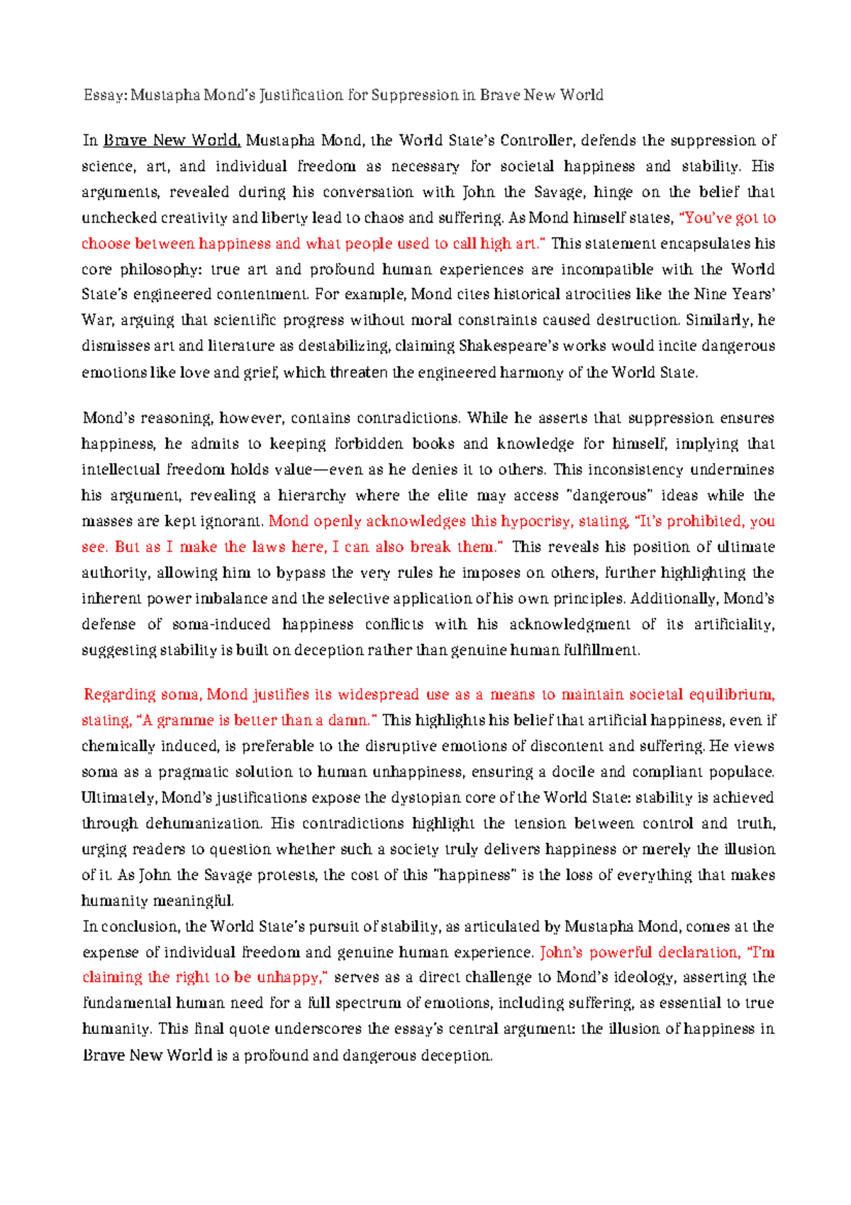 Brave New World (ENG 101) Essay: Mustapha Mond's Justification for ...