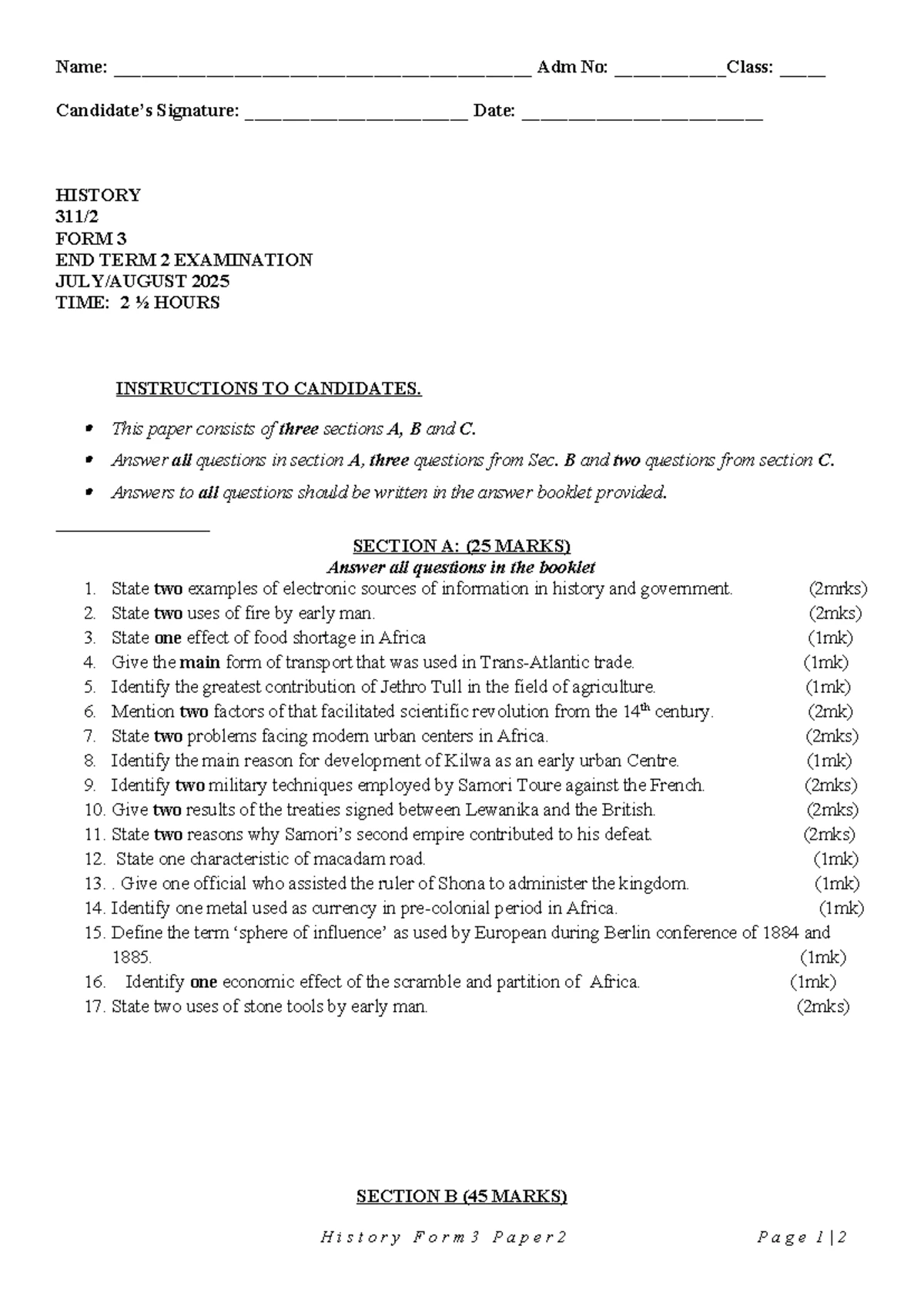 HISTORY & GOVERNMENT F3 END TERM 2 EXAMINATION PAPER 1 2025 - Studocu