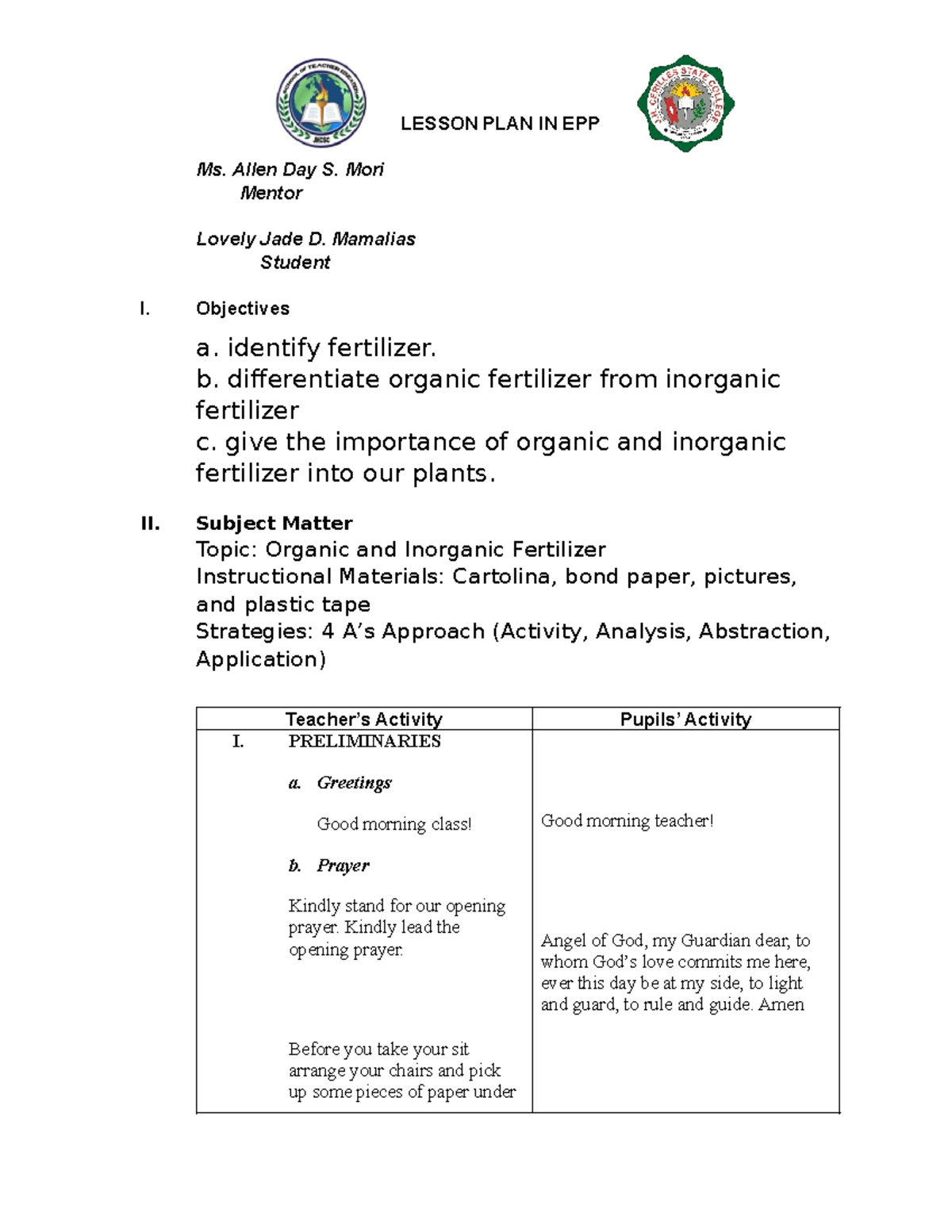 Final Lesson Plan in EPP: Organic vs Inorganic Fertilizers - Studocu