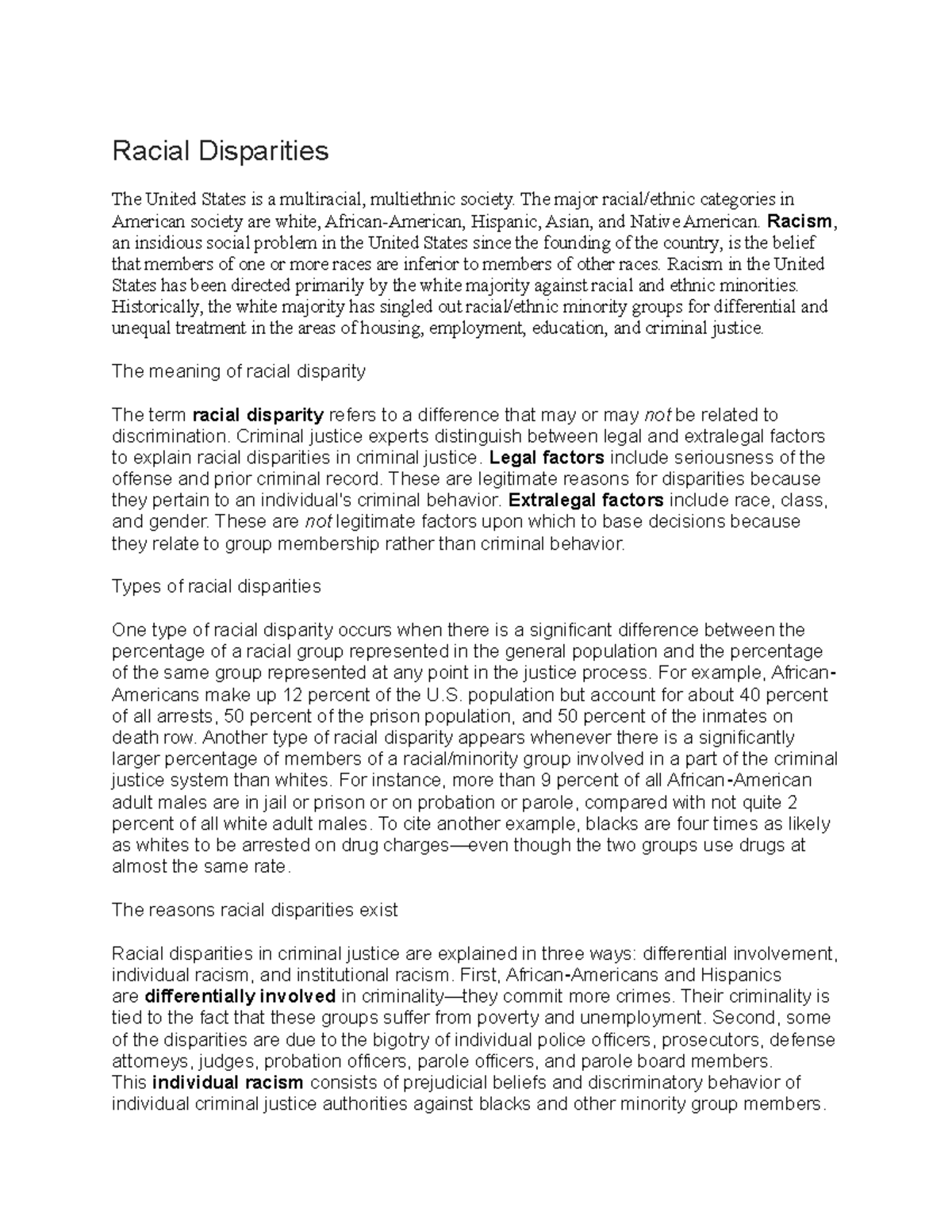 Criminal justice 3 - notes - Racial Disparities The United States is a ...