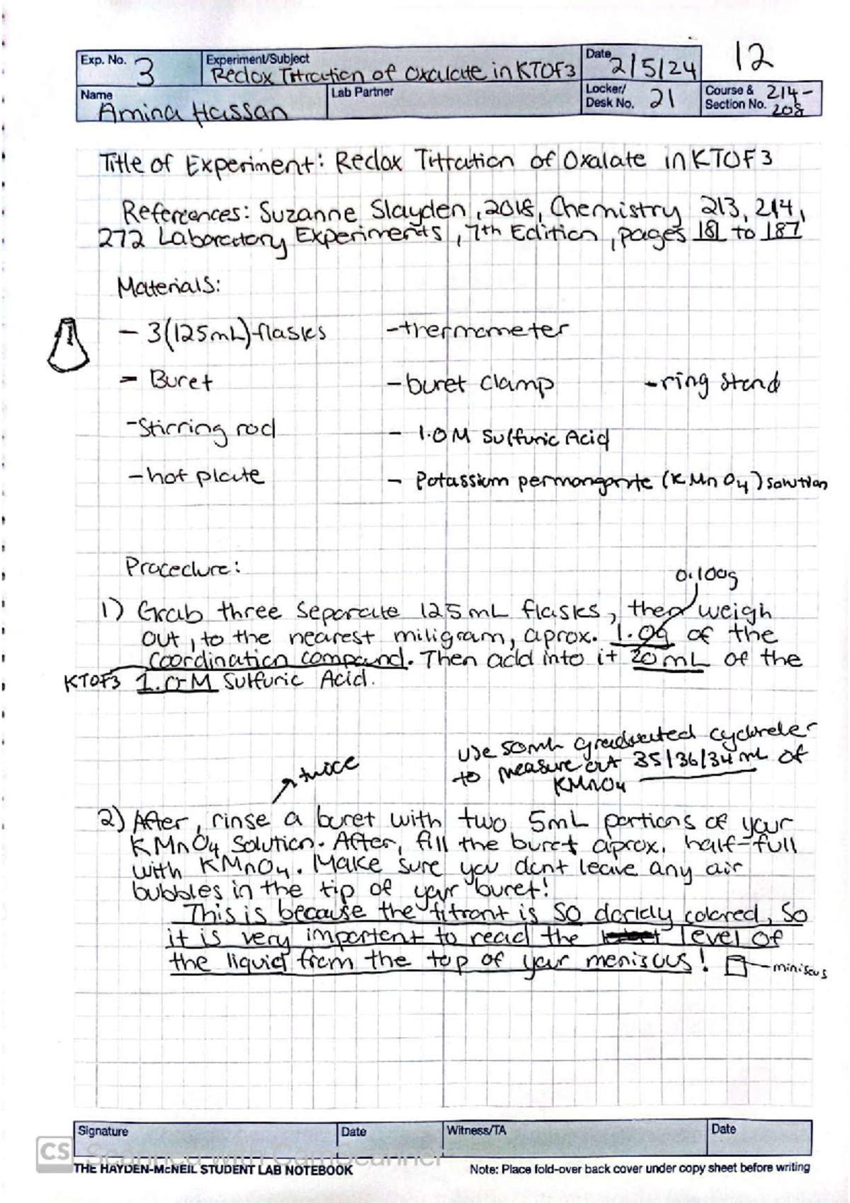 Redox Titration of Oxlate in KTOF3 Full Lab Report - Calculations: Moles of KMnO Trial 1: 9. 9 ...