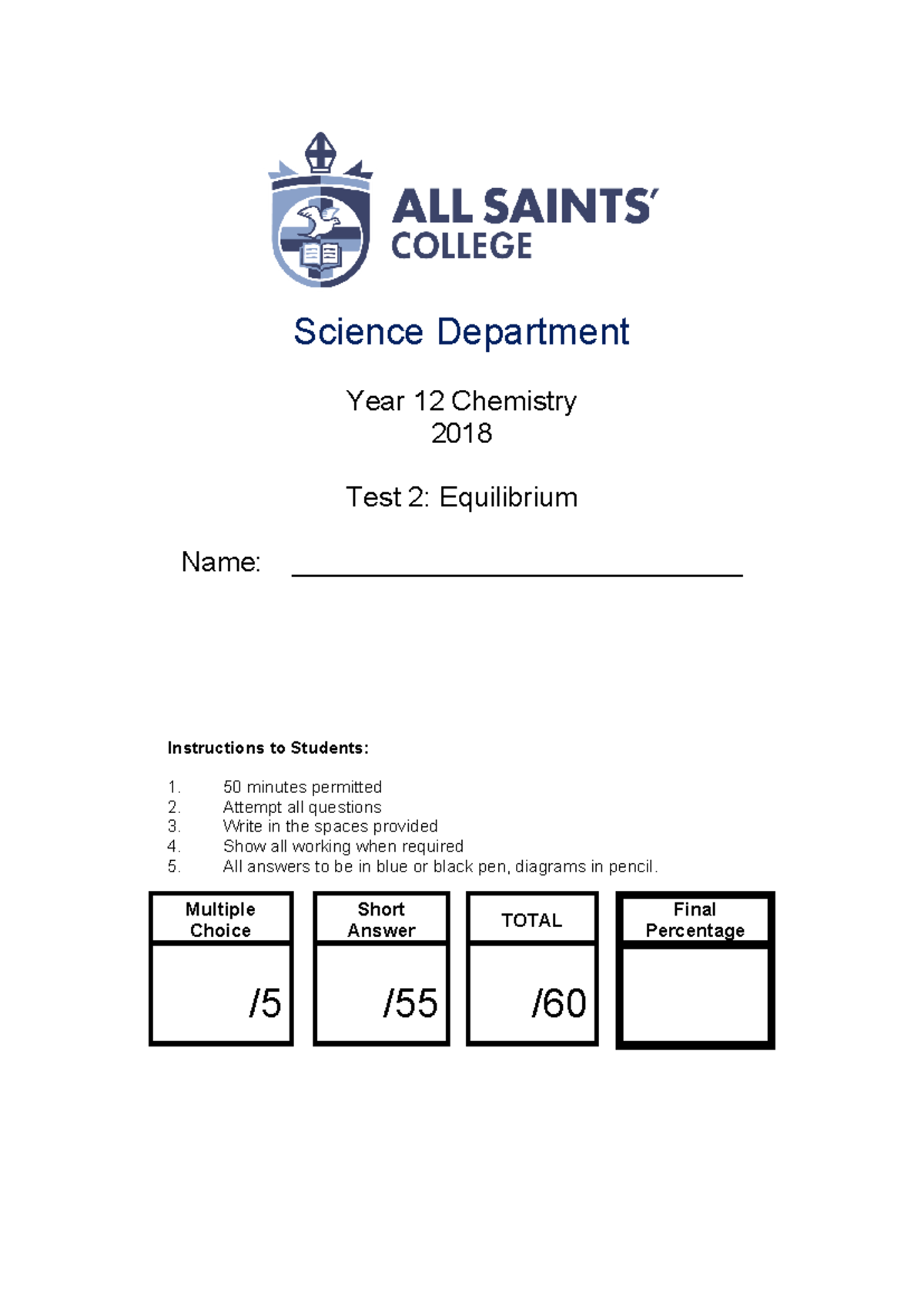 Year 12 Chemistry Test 2: Equilibrium Concepts (ASC 2018) - Studocu