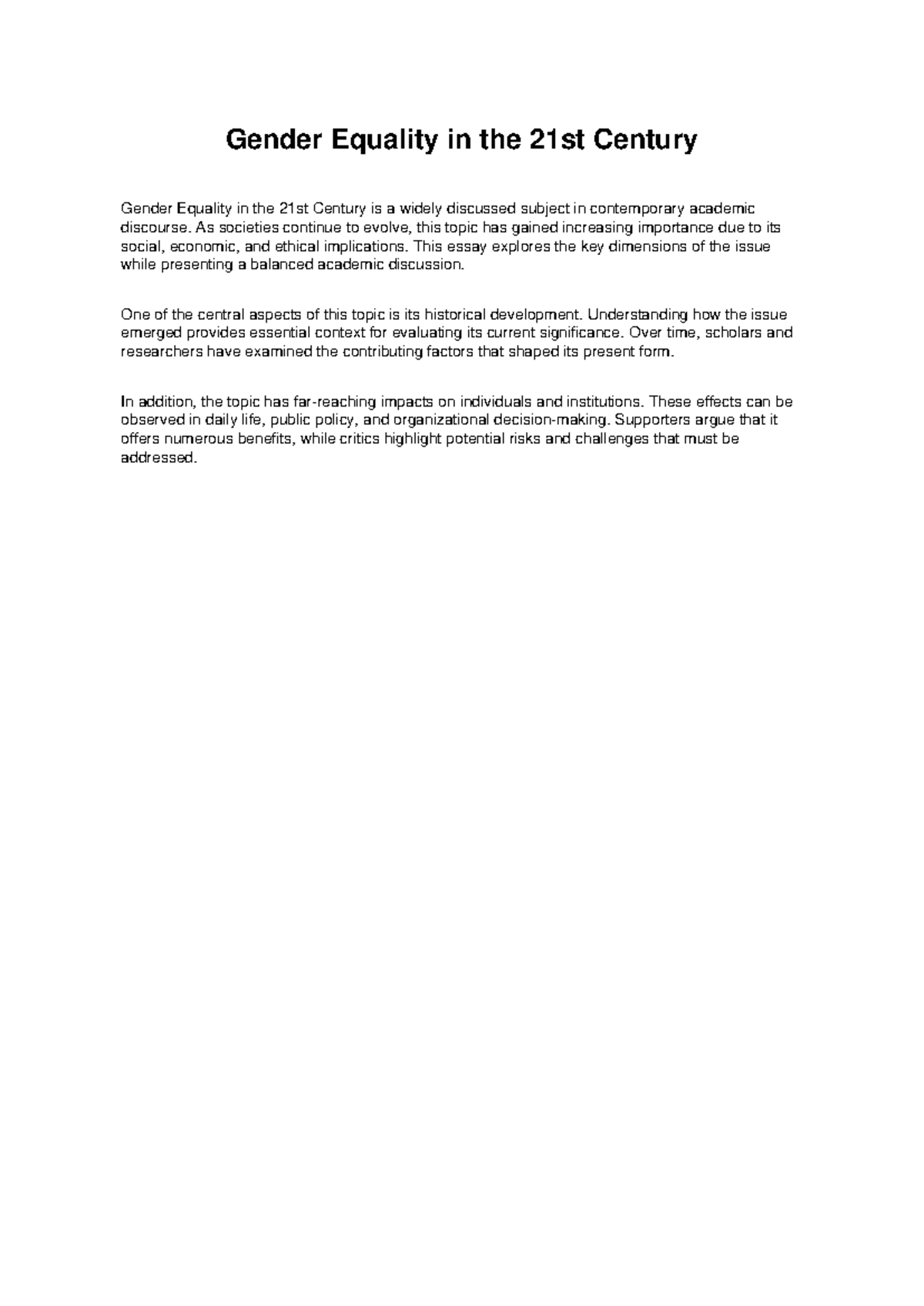 Gender Equality in the 21st Century: A Critical Analysis Essay - Studocu