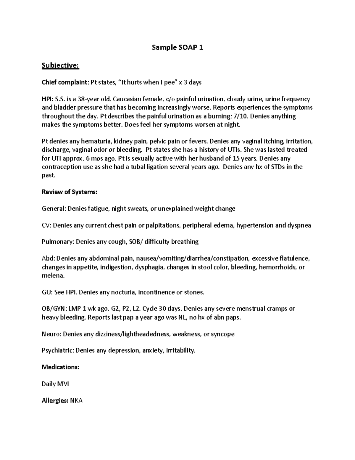 SOAP Note Sample 1 - UTI Assessment and Plan - Studocu