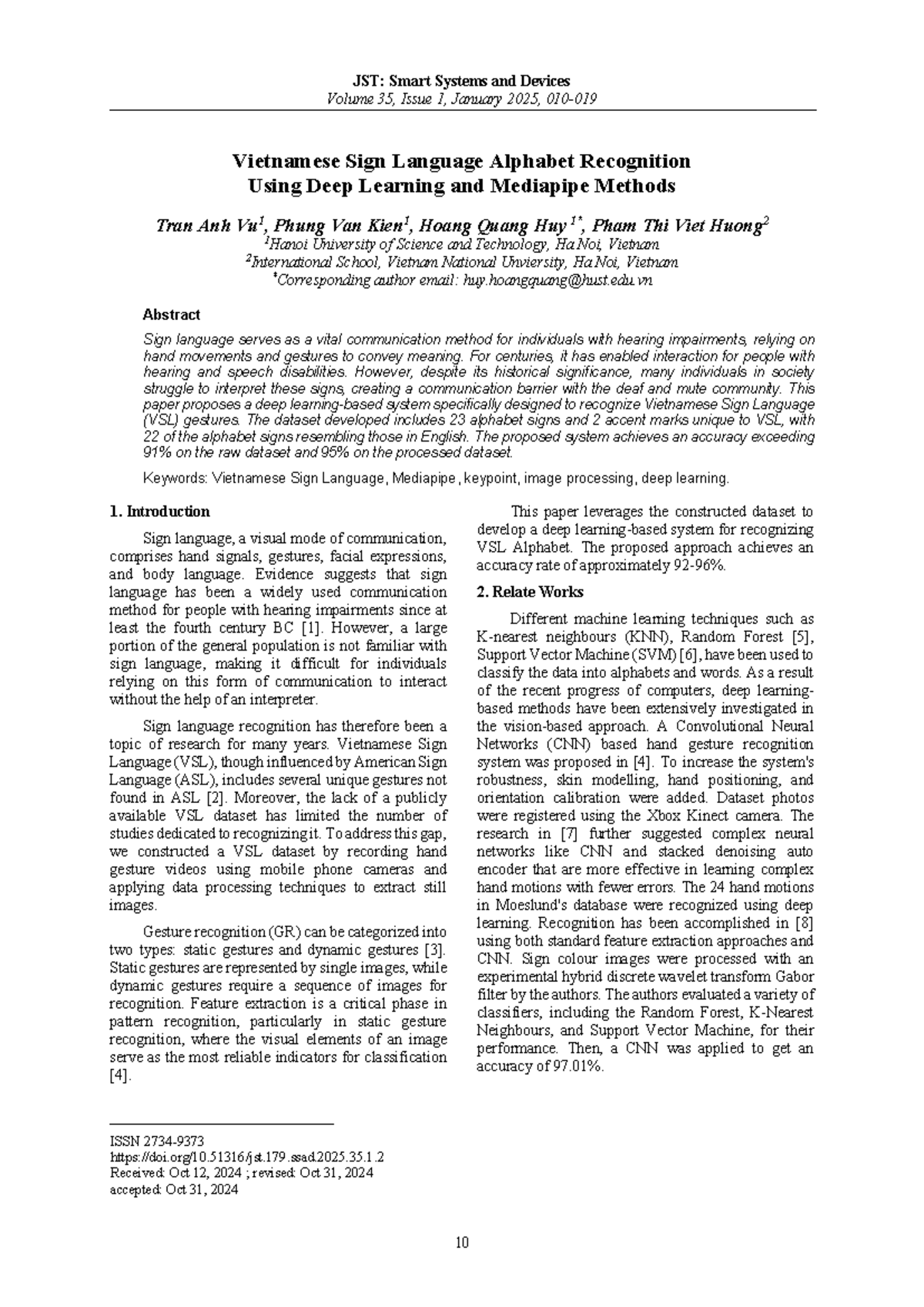 Vietnamese Sign Language Recognition via Deep Learning & Mediapipe ...