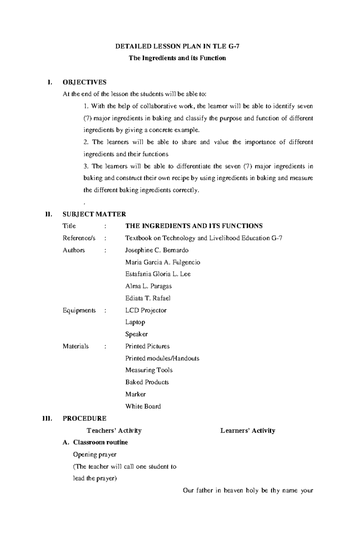 Detailed Lesson Plan in TLE: Baking Ingredients & Their Functions - Studocu
