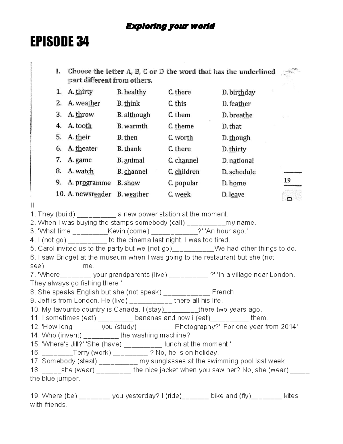 Exploring Your World Episode 34 - English 6 Practice Exercises - Studocu