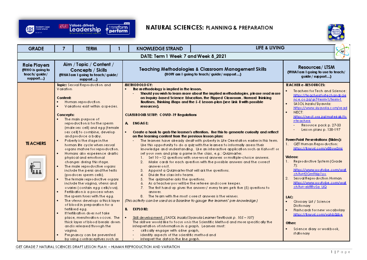 Lesson Plan Gr. 7 Natural Sciences T1 W7 & W8 - GET GRADE 7 NATURAL ...
