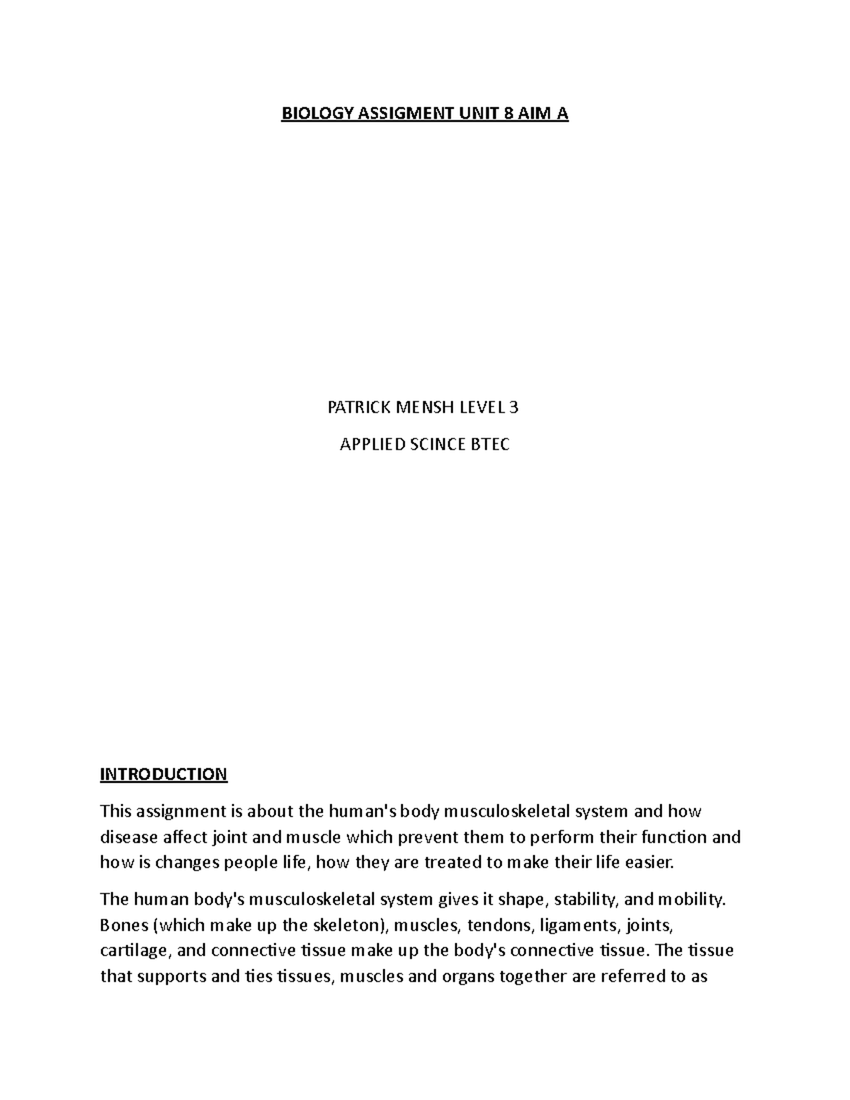 Musculoskeletal System Analysis and Treatment - BTEC Level 3 Biology ...