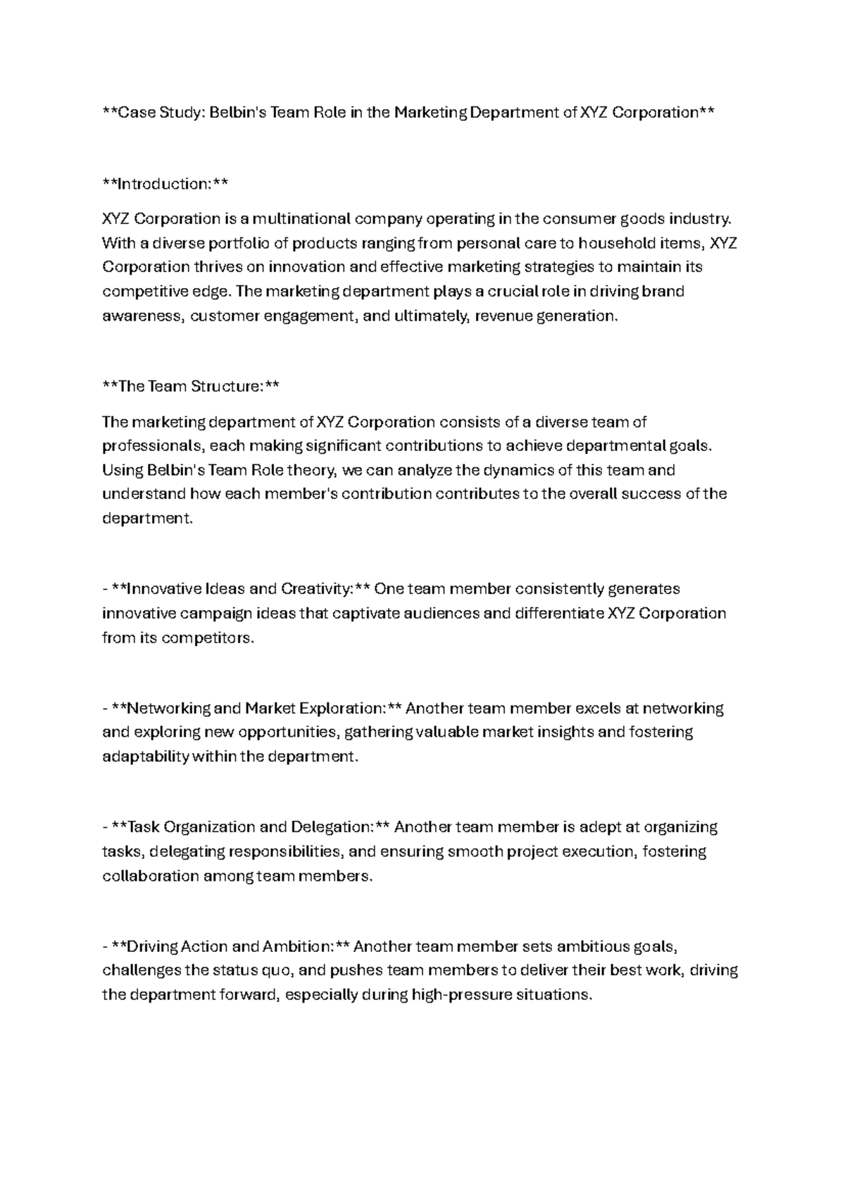 Team Roles in Marketing: Analyzing Contributions at XYZ Corp - Studocu