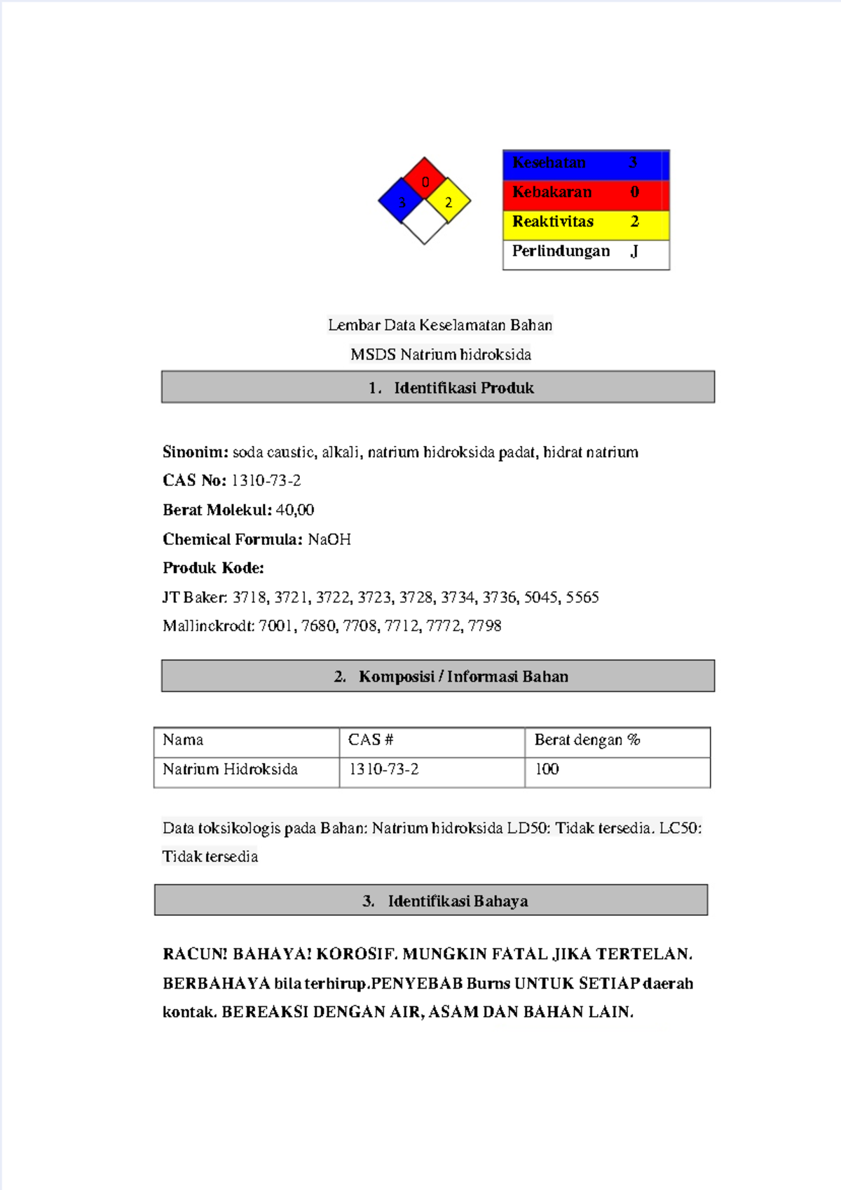 MSDS NaOH: Lembar Data Keselamatan Bahan Natrium Hidroksida - Studocu