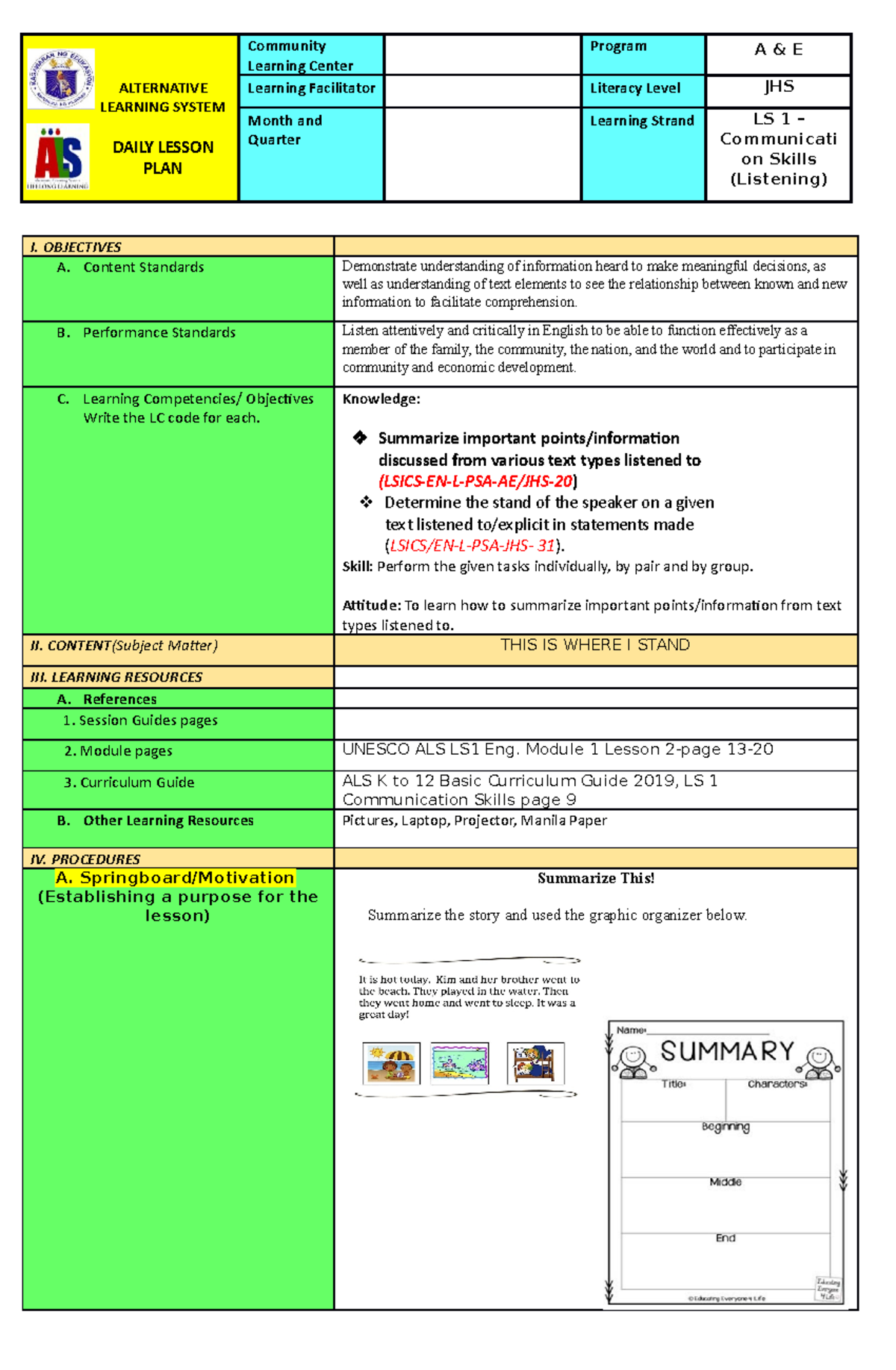 LS1 Eng. DLP-JHS Daily Lesson Plan: Summarizing Skills - Studocu