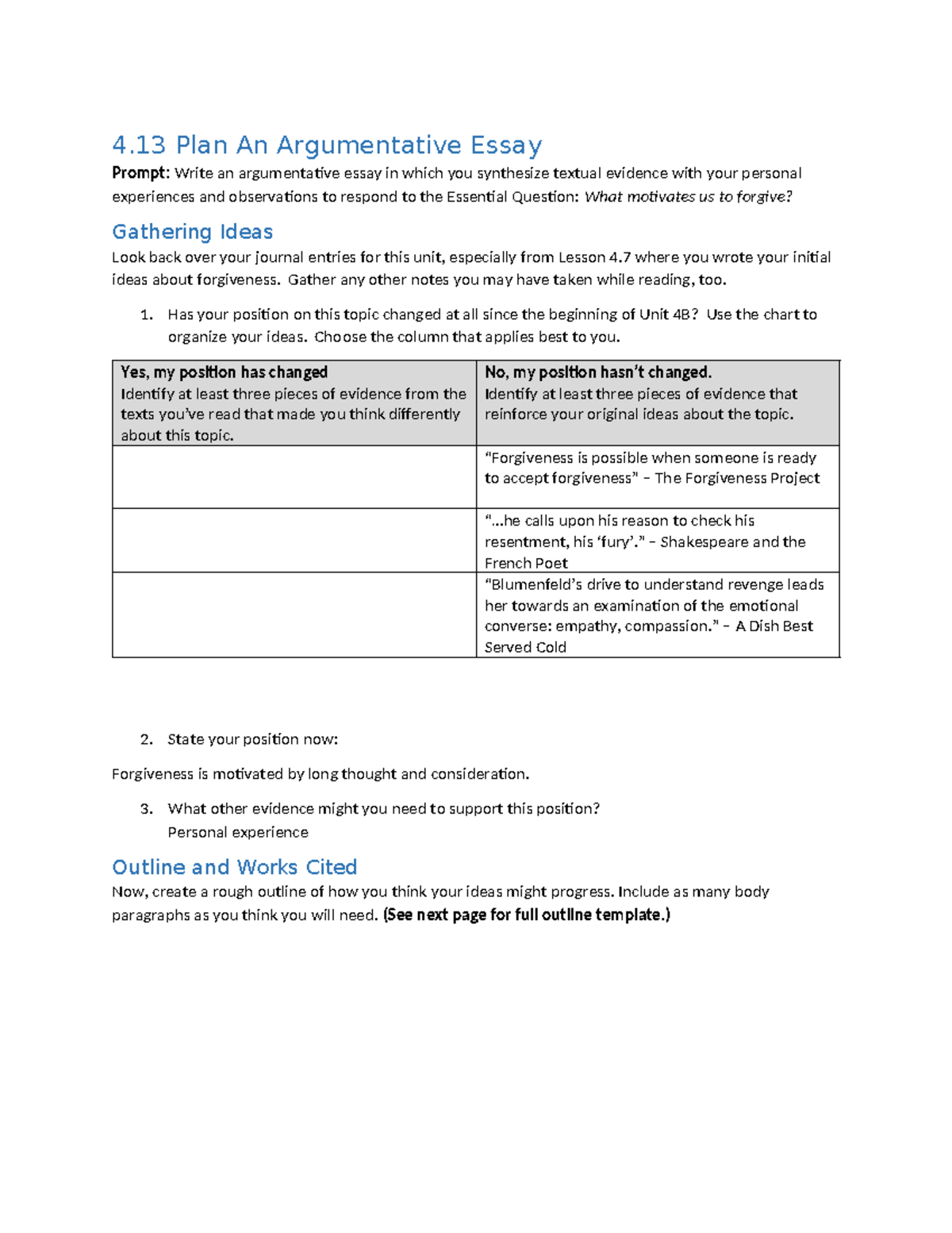 4.13 Argumentative Essay Plan: What Motivates Us to Forgive? - Studocu
