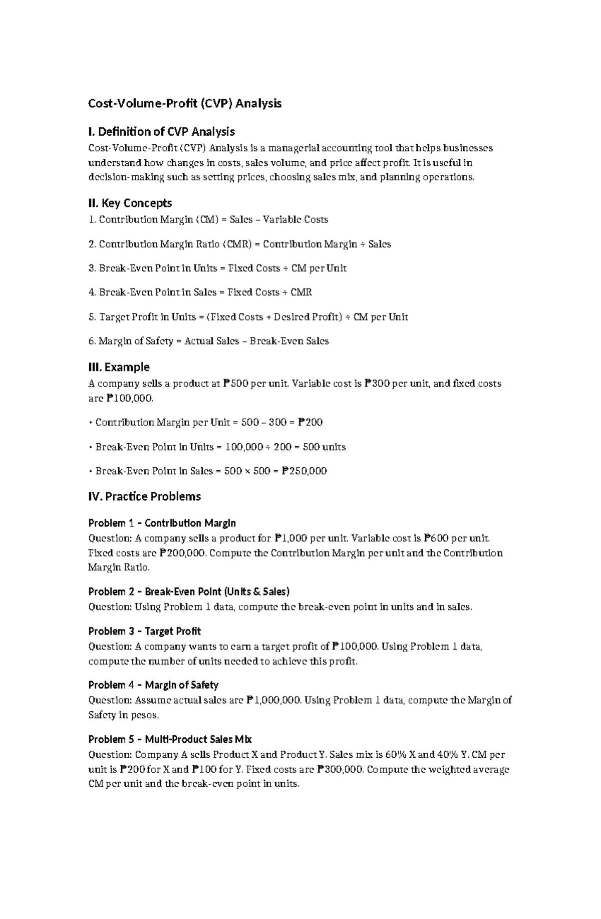 CVP Analysis (CVP) Lecture Notes: Key Concepts & Practice Problems ...