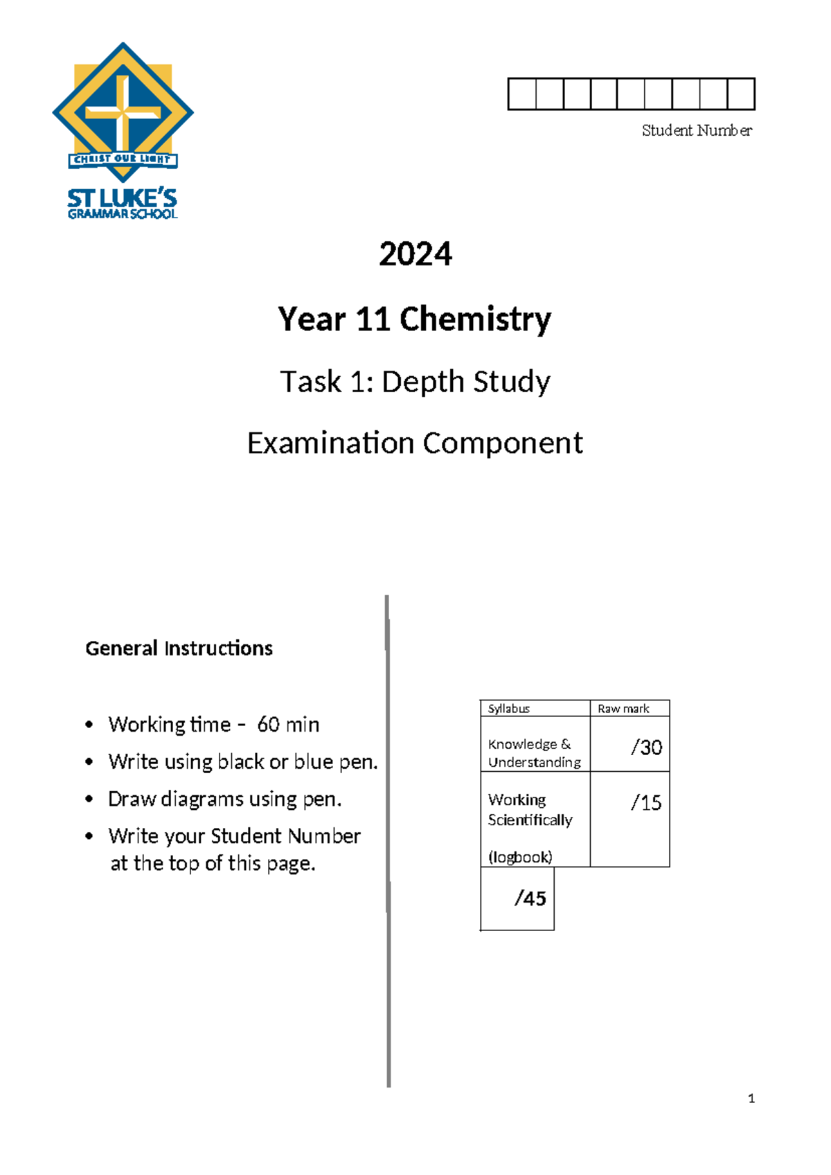 2024 Year 11 Chemistry Task 1: Depth Study Exam Guide - Studocu