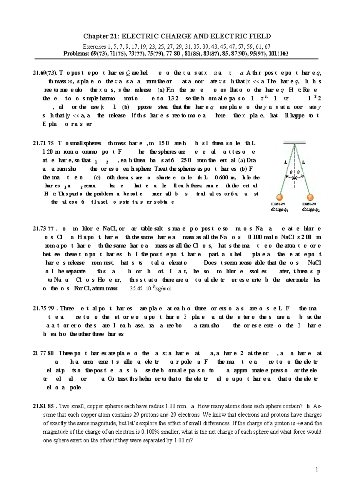 Chapter 21: Electric Charge & Electric Field Exercises for Assignment ...