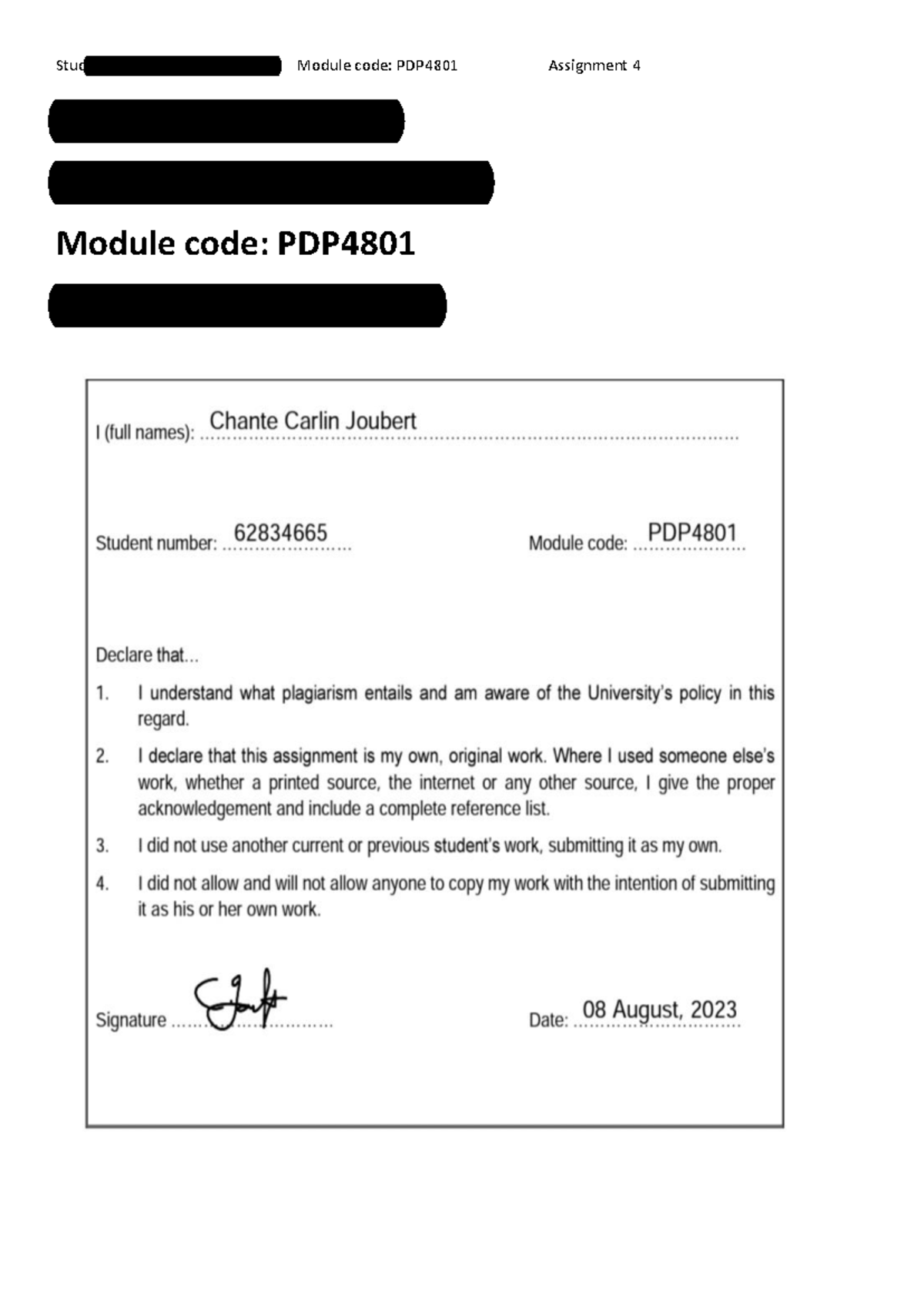 PDP4801 Assignment 4: Submission Details and Student Info - Studocu