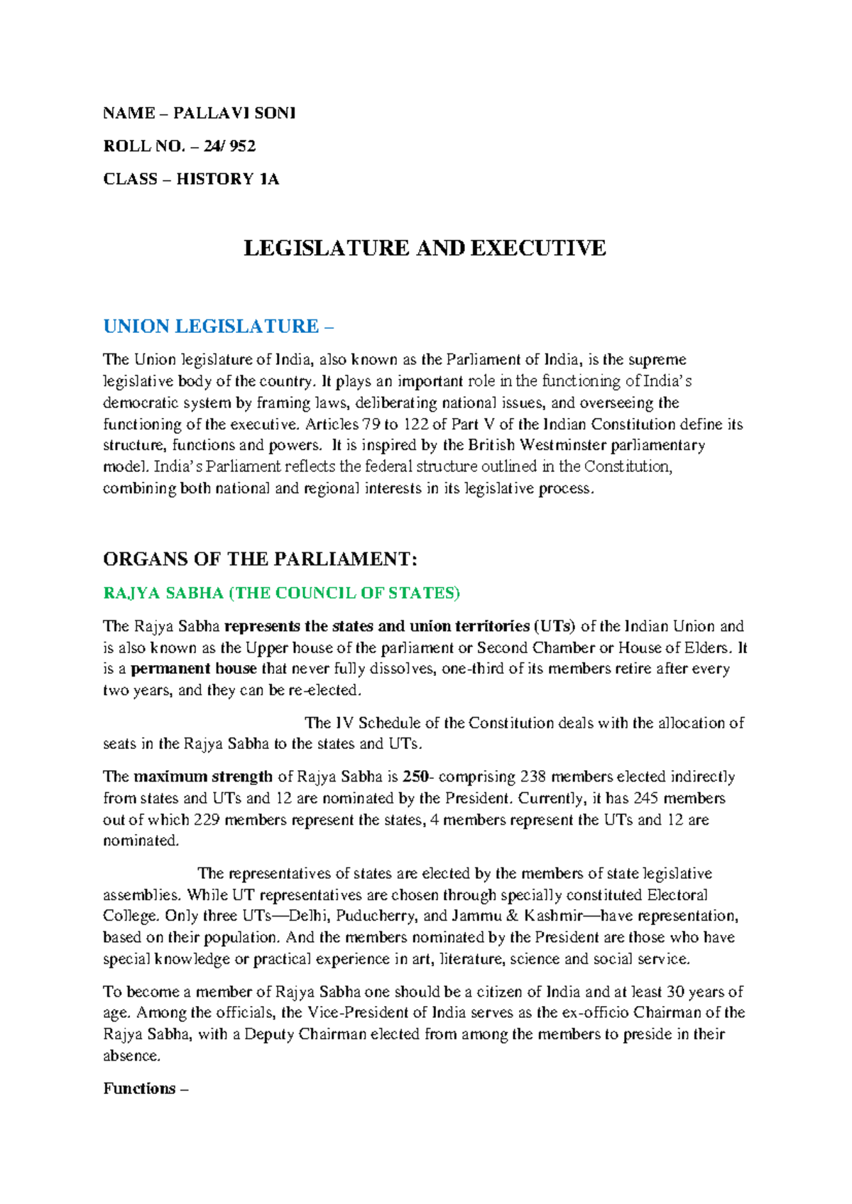HIS 1A: Union Legislature and Executive Overview - Studocu