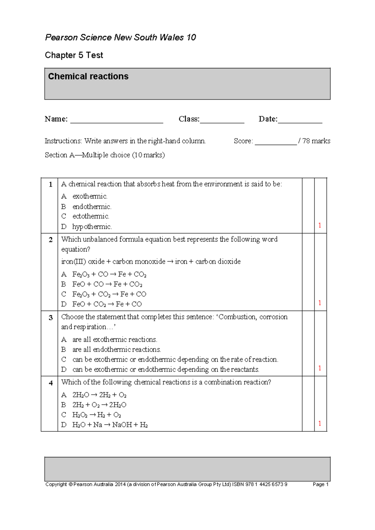Test c05 - chemistry test - Chapter 5 Test Chemical reactions Name