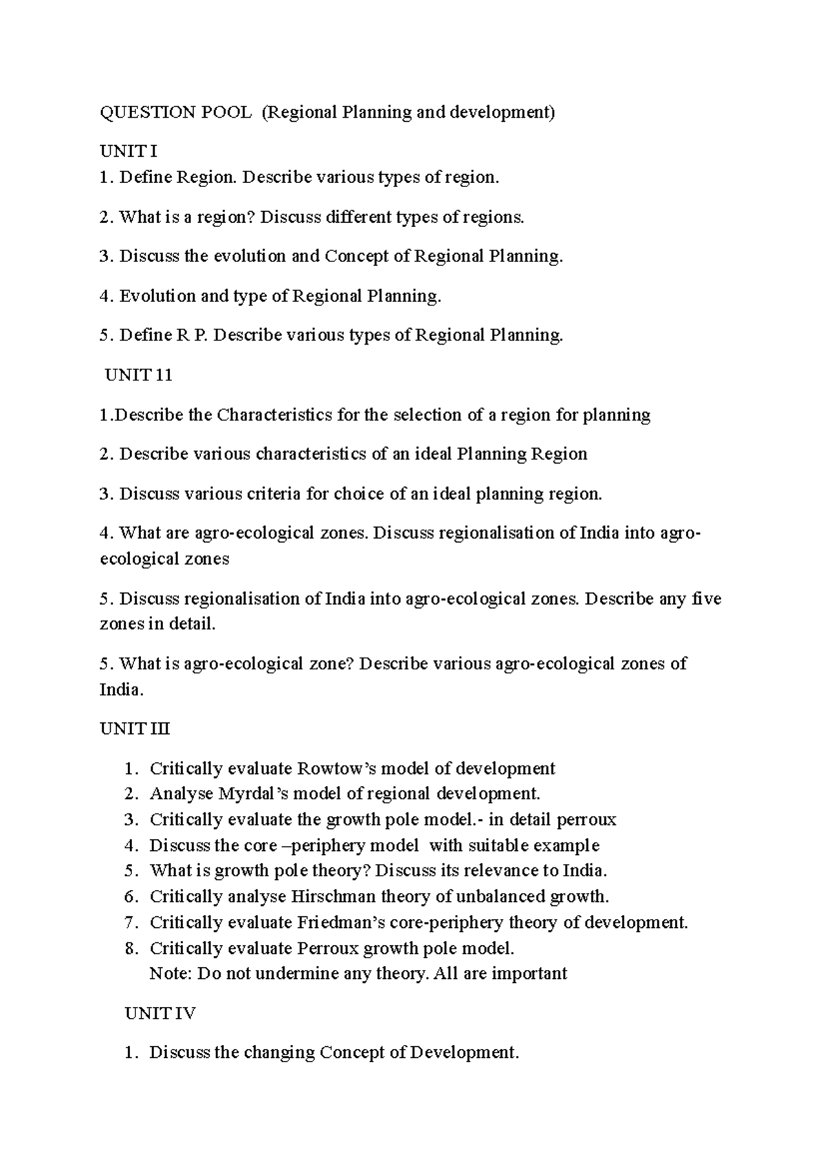 Regional Planning Question pool - QUESTION POOL (Regional Planning and ...