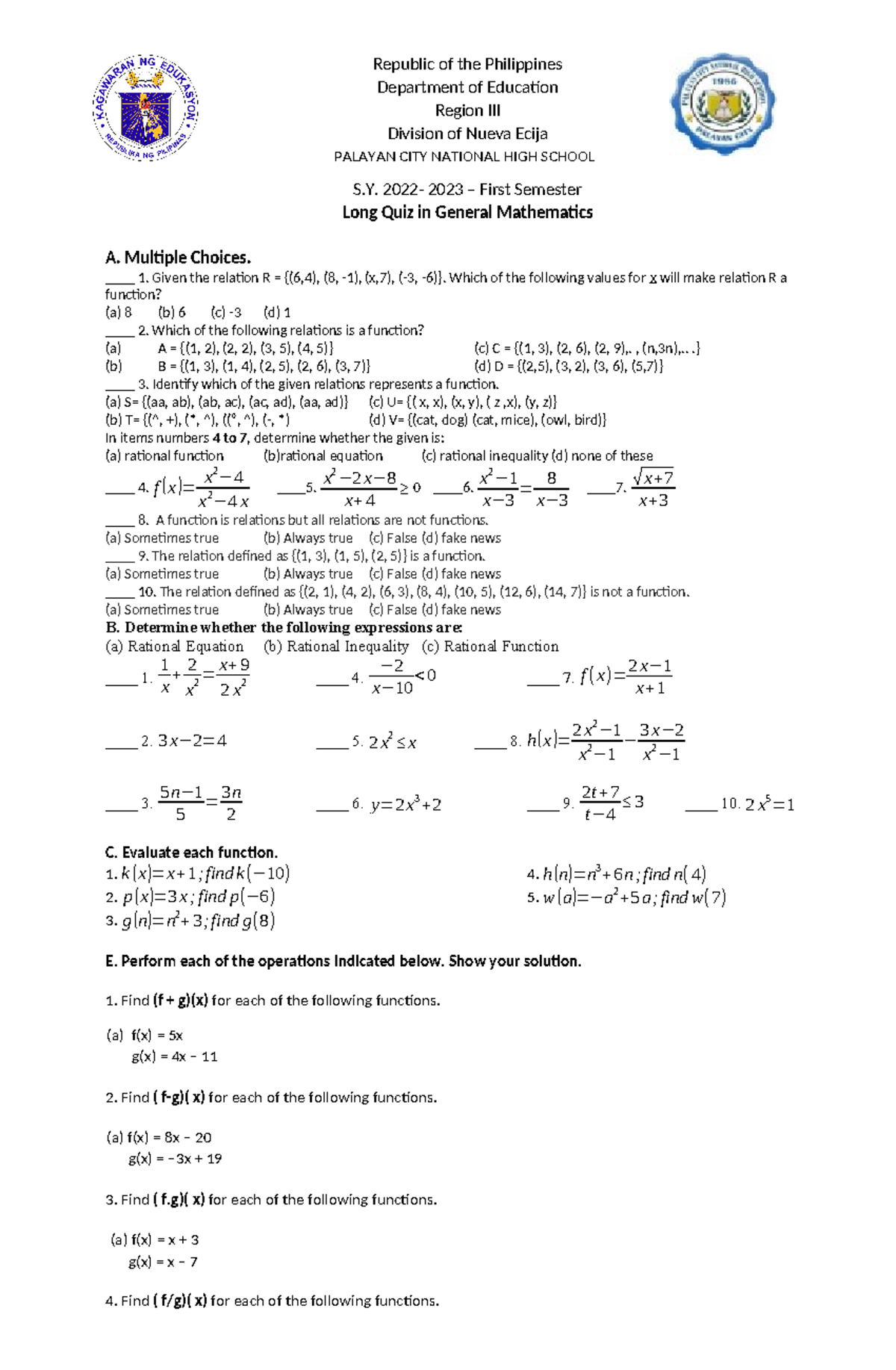 Long Quiz in General Mathematics (Genmath) - Week 1 - Studocu