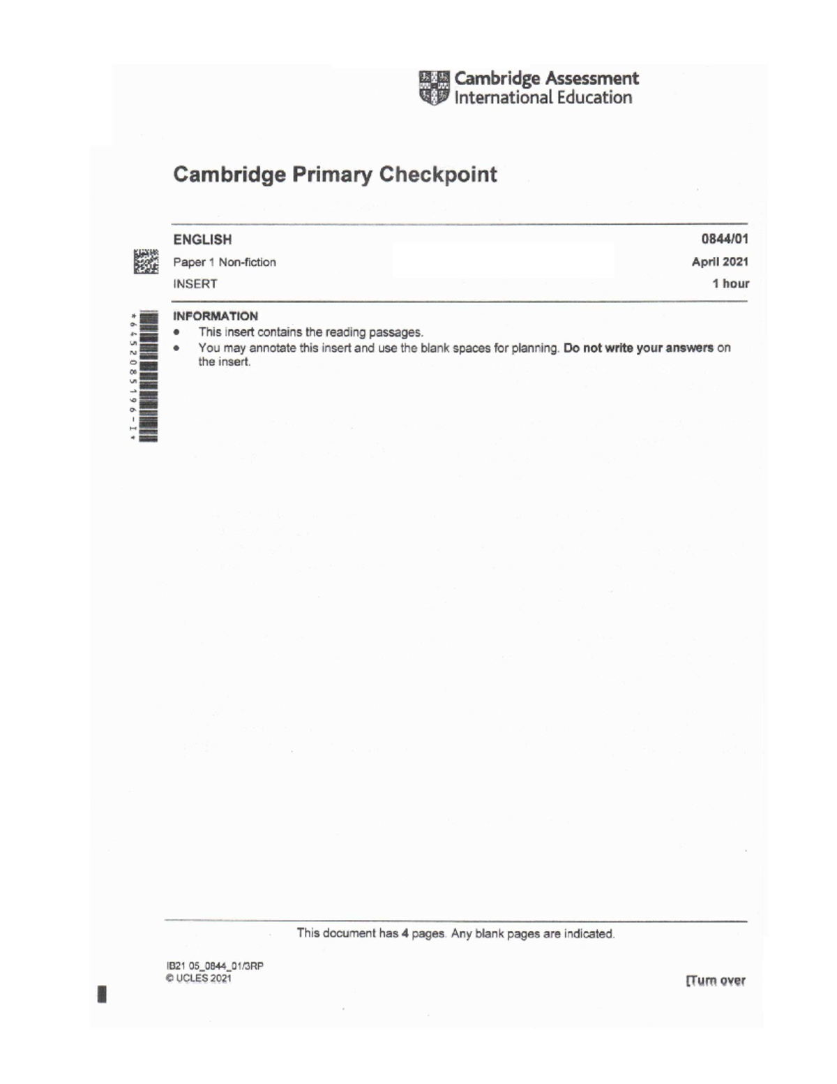 April 2021 Cambridge Primary Checkpoint English Paper 1 Insert 0844 ...