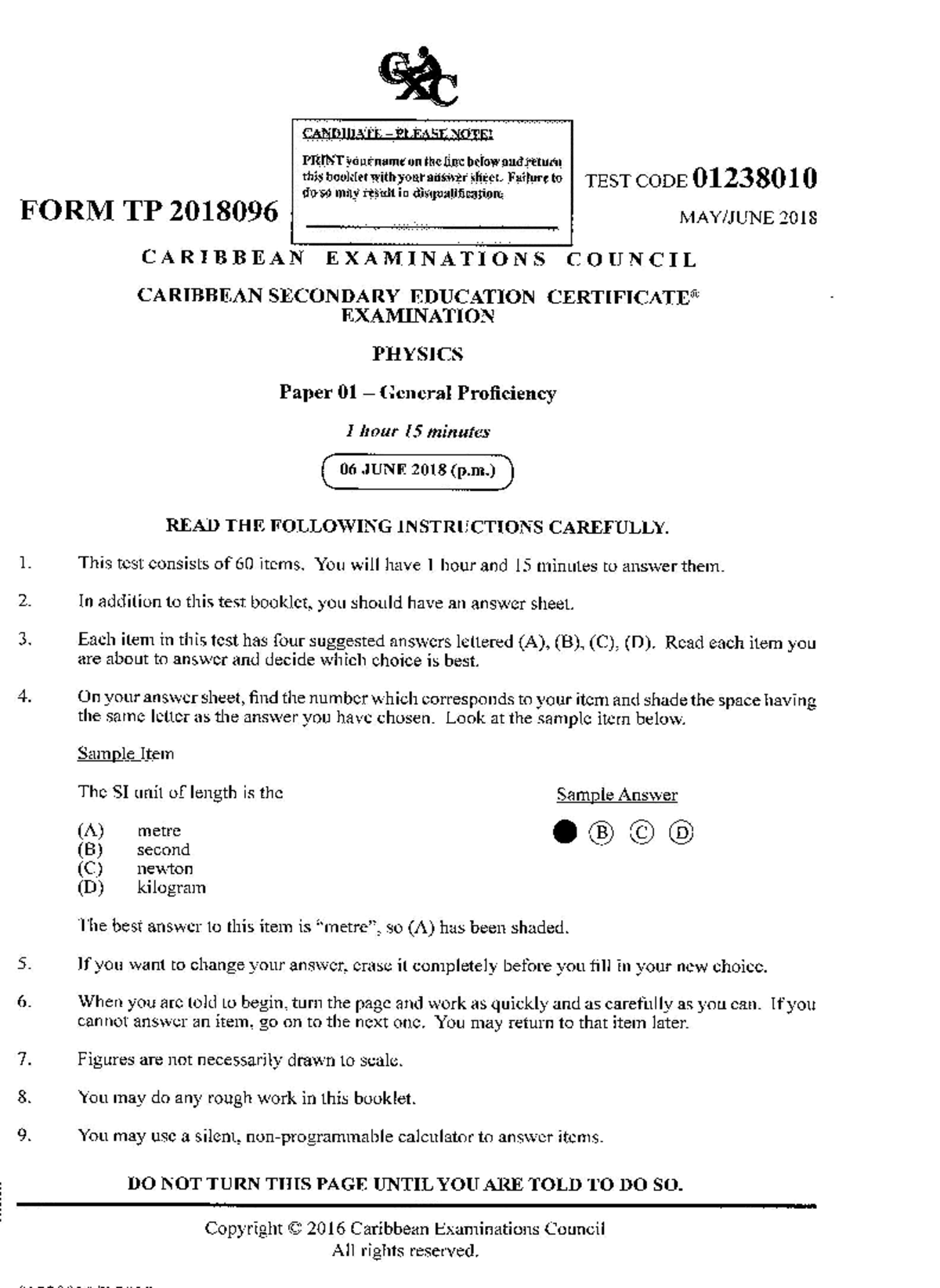 CXC CSEC Physics Final Exam June 2018 - Paper 01 (General Proficiency ...