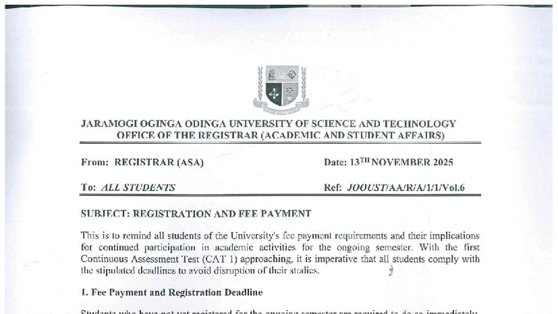 JOOUST Registration & Fee Payment Reminder for CAT 1 - Nov 2025 - Studocu