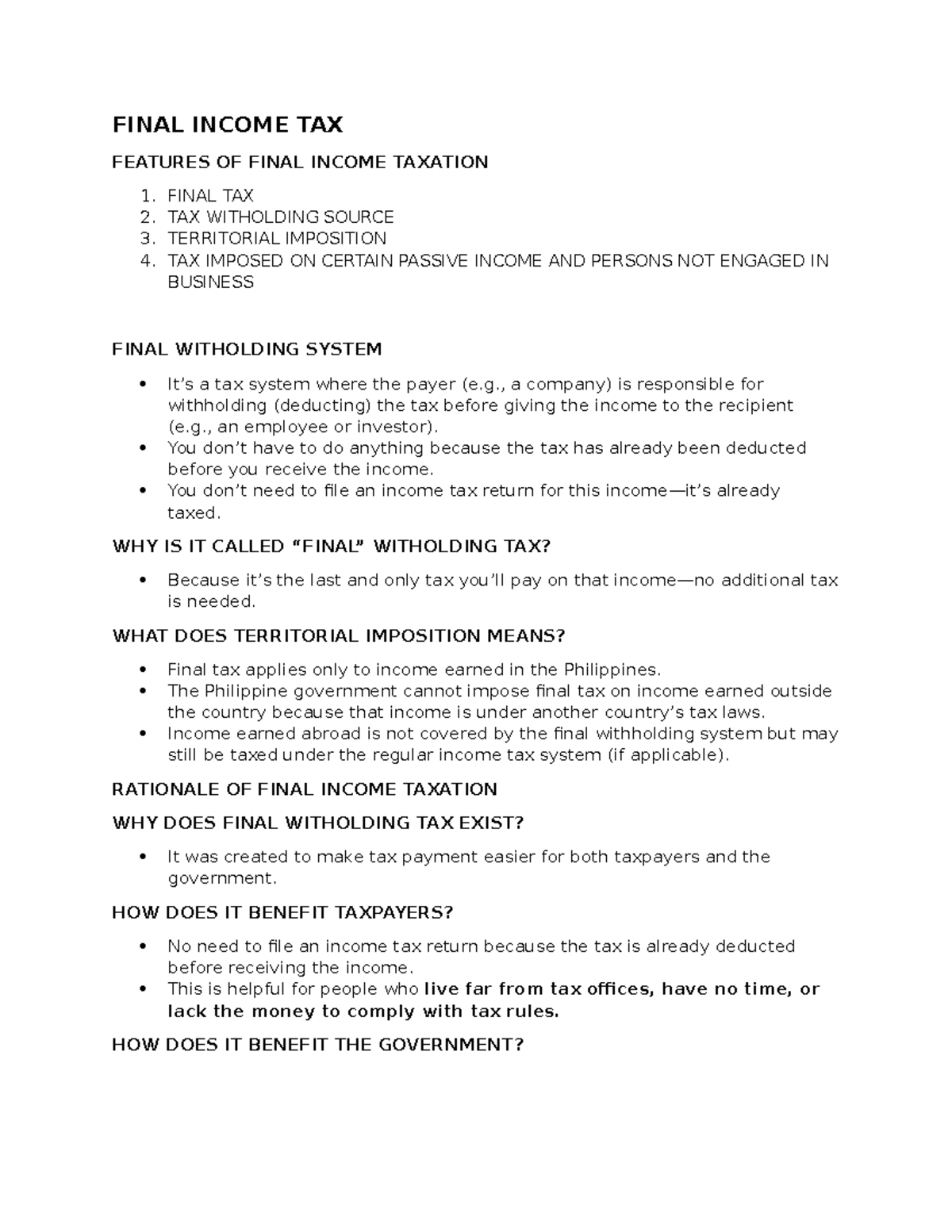 Chapter 5 - Income Taxation - FINAL INCOME TAX FEATURES OF FINAL INCOME ...