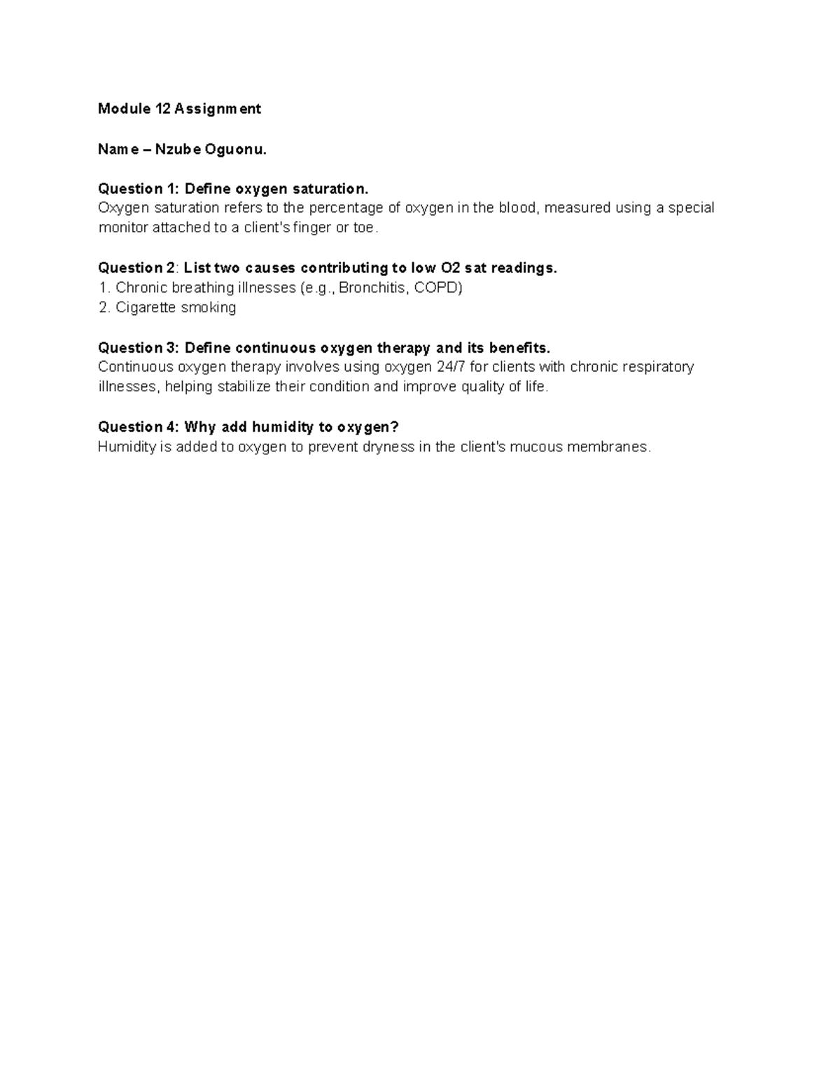Module 12 Assignment - Oxygen Saturation Test Answers 2025 - Studocu