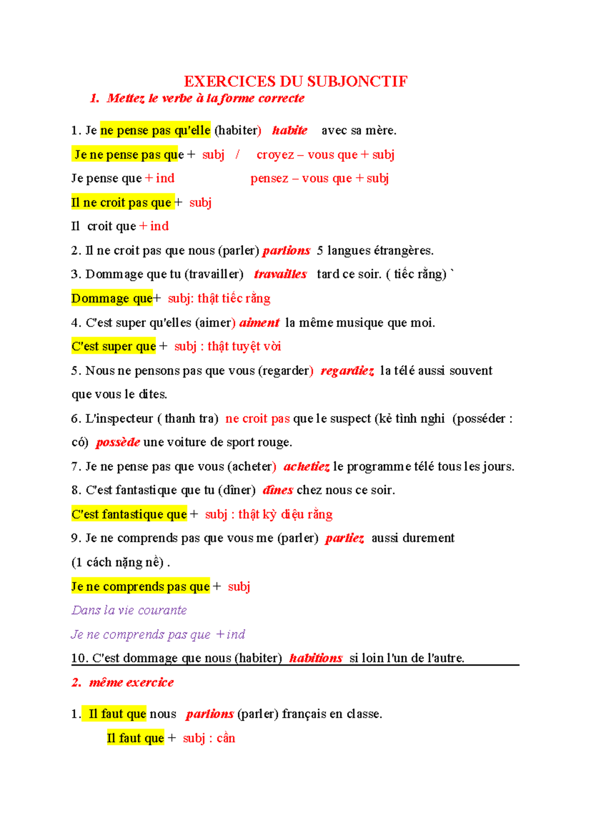 EXERCICES DE SUBJONCTIF - DEVOIRS ET PRATIQUES - Studocu