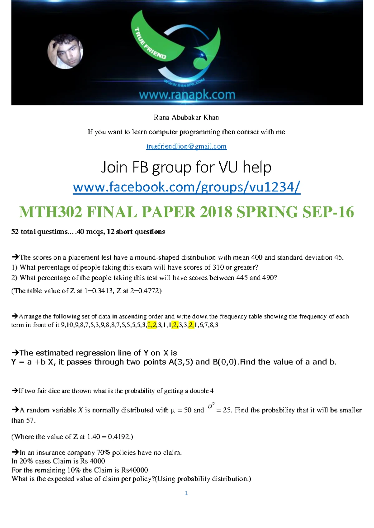 MTH302 Solved MCQs Alotof Solved MCQsof MTH 302inonef - Mth302 - Business Mathematics (Online ...