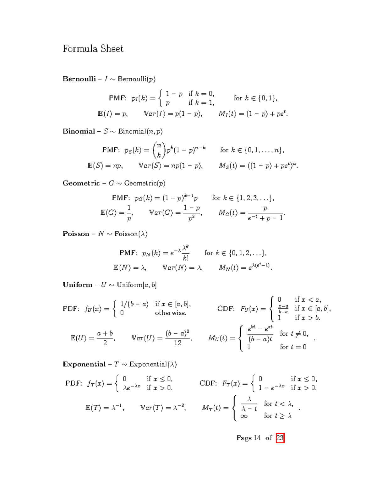 Formula Sheet for Bernoulli, Binomial, Geometric, Poisson, and Uniform ...