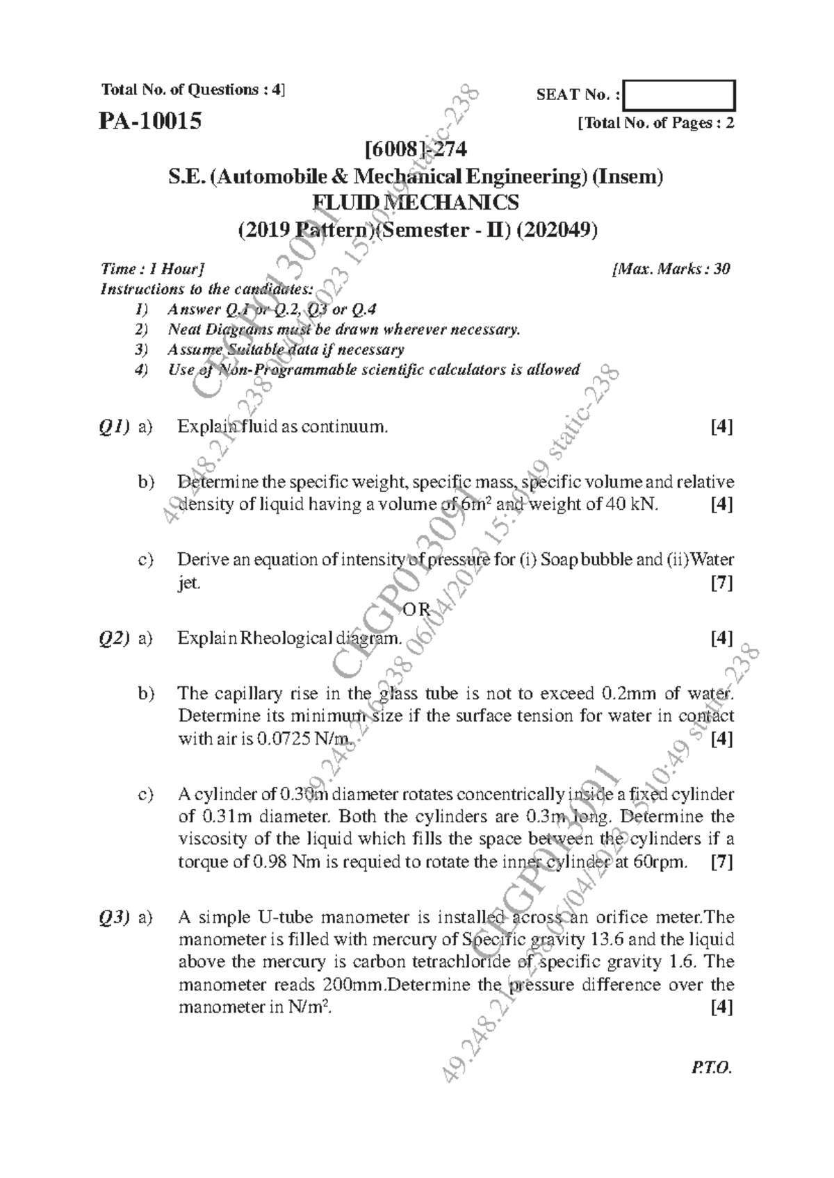 Fluid Mechanics Insem Exam (C 8.2 E 16.23) - Feb 2023 - Studocu
