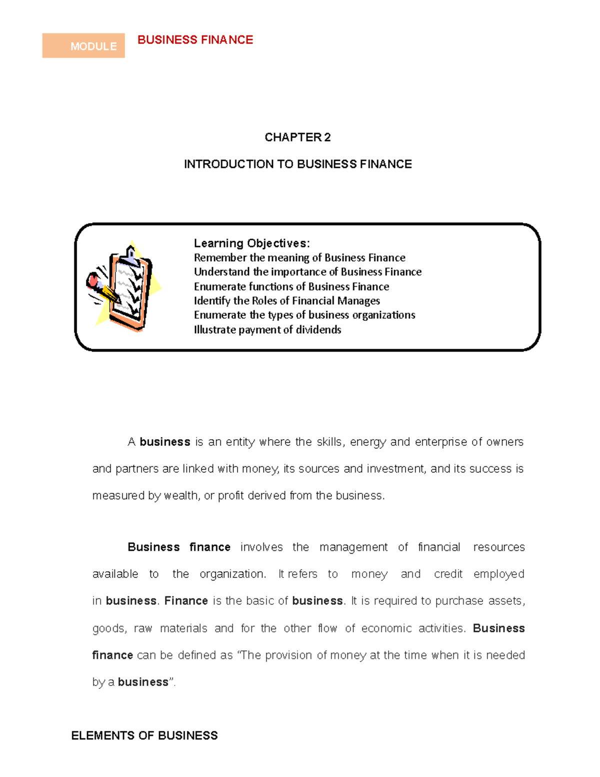 Chapter 2 Introduction TO Business Finance - Learning Objectives ...
