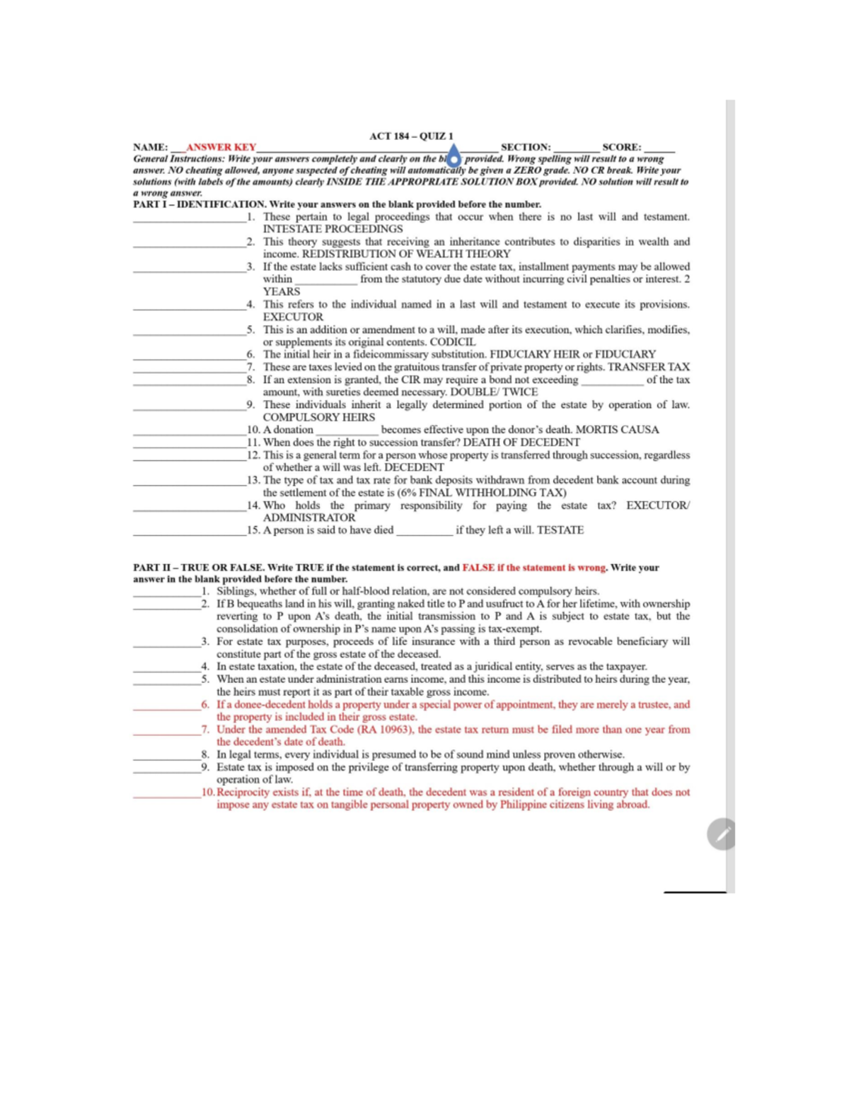 ACT 184 QUIZ 1 ANSWER KEY - ESTATE TAXATION AND SUCCESSION - Studocu