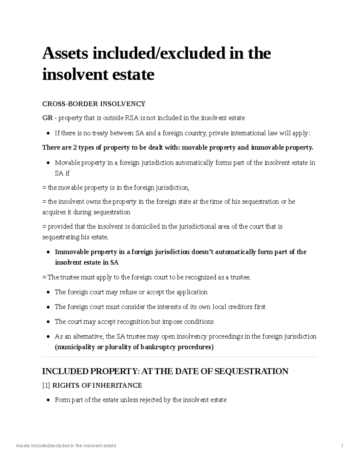 Assets Included/Excluded in Insolvent Estate: A Cross-Border Study ...