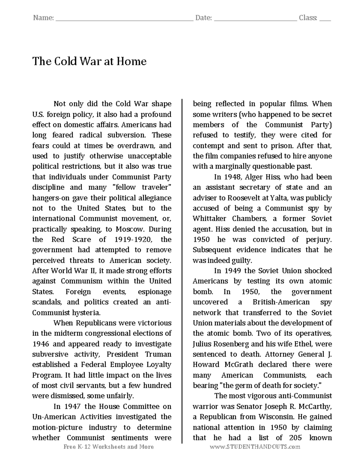 Cold War Domestic Policy: Fear of Communism and Its Impact on Society ...
