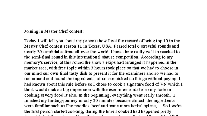 Master Chef Contest Journey: My Top 10 Experience in Season 11 - Studocu