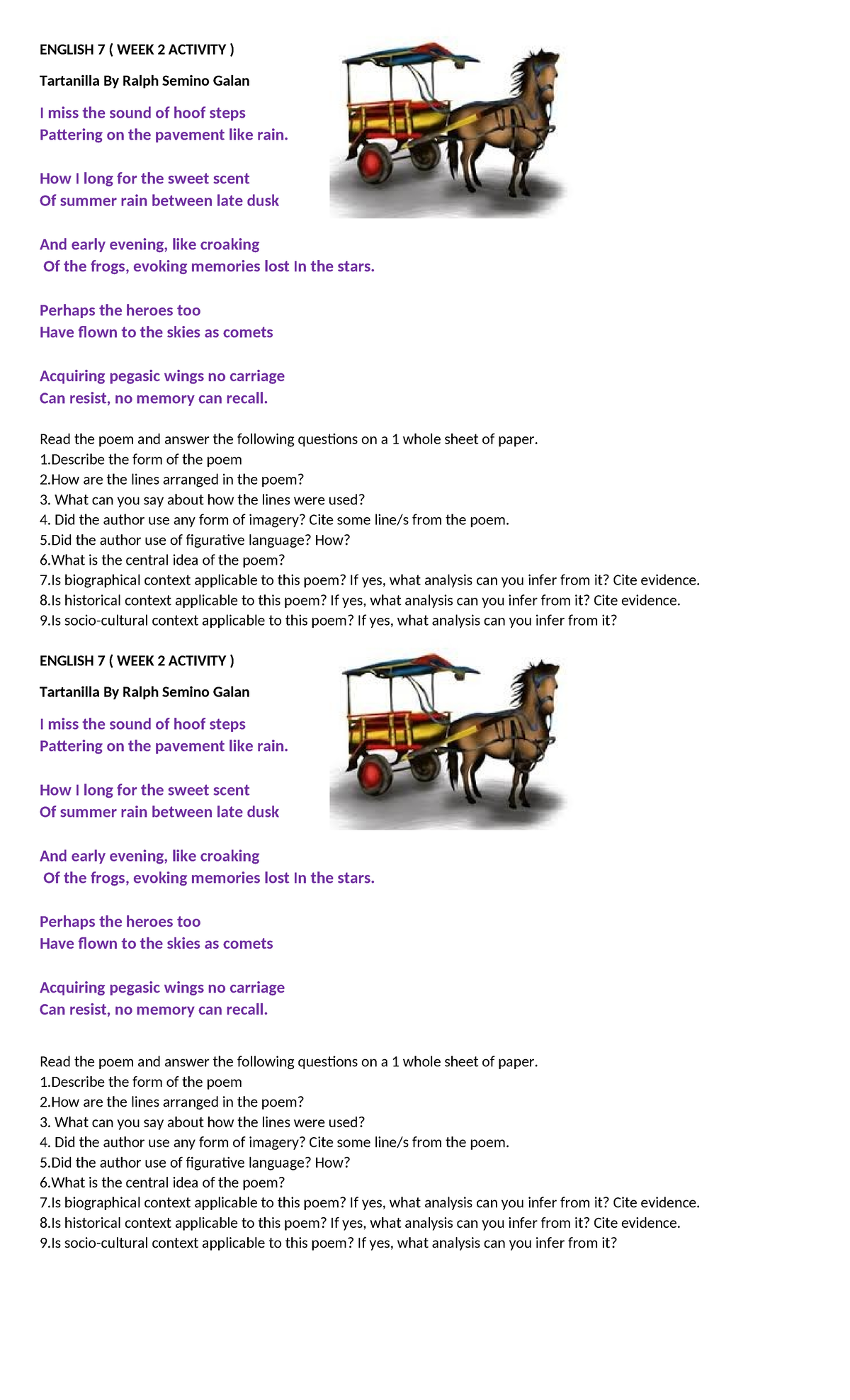 English 7 WEEK 2 Activity: Analyzing "Tartanilla" by Ralph Semino Galan ...