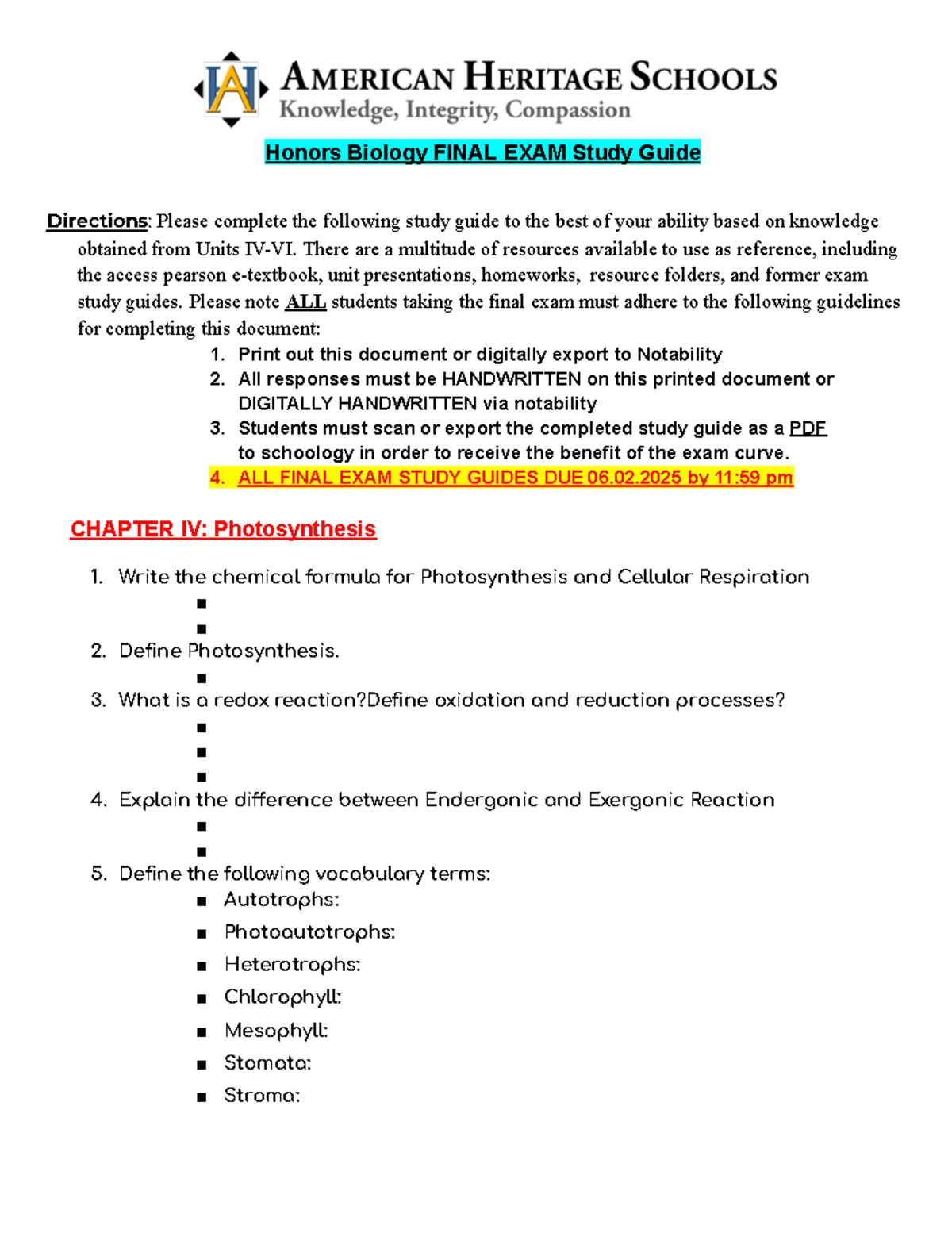 Honors Biology 6 FINAL EXAM Study Guide: Key Concepts & Topics - Studocu